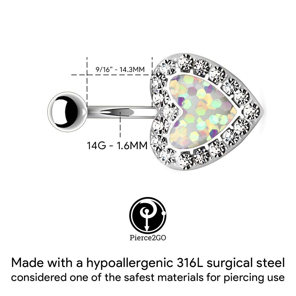 Pierce2GO 14G Silver 316L Silver Surgical Steel White Heart Belly Button Ring with Clear Stones 9/16" Barbell Body Piercing Jewelry Women