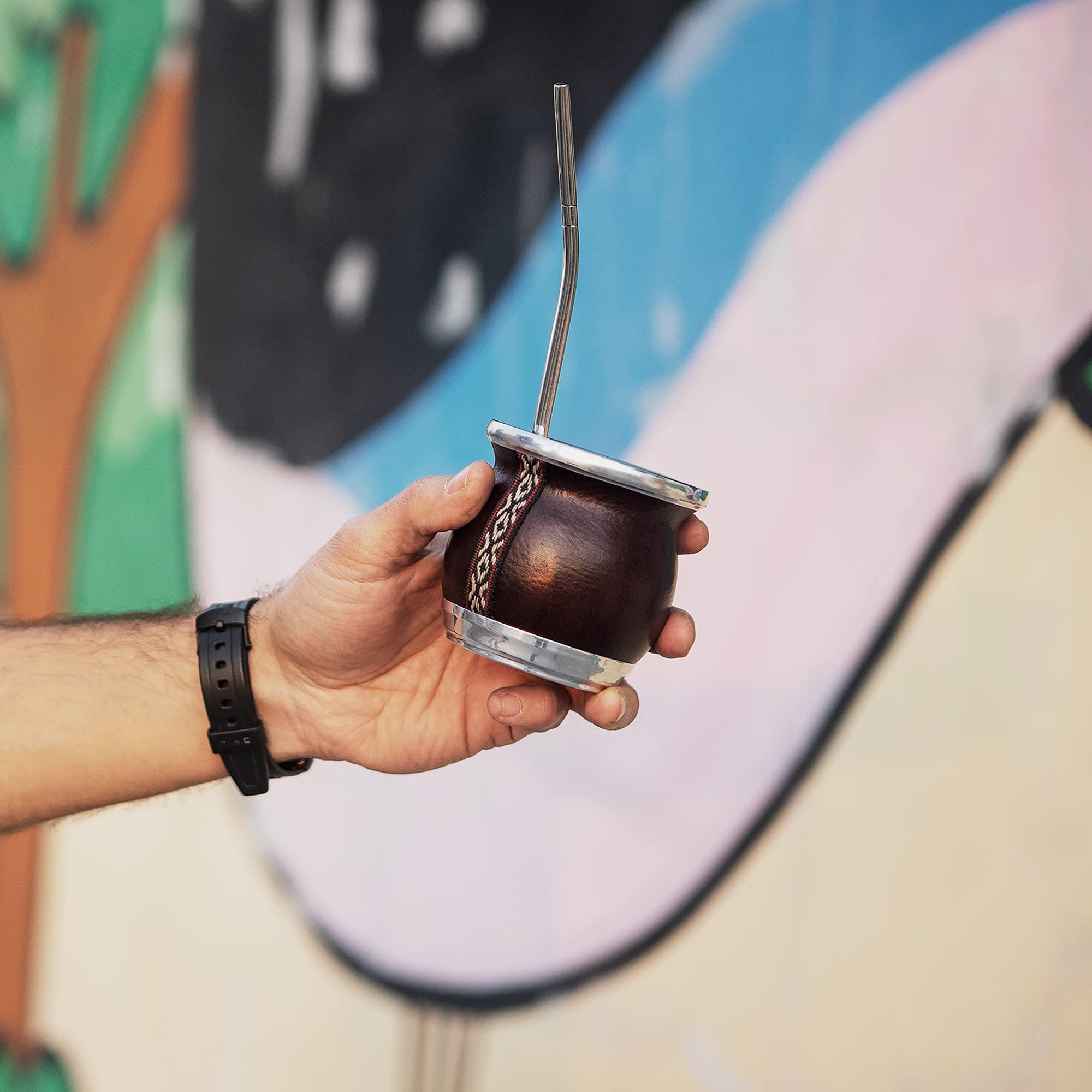 thebmate [Tiny Mate Premium Set Yerba Mate Cup - Crafted Ceramic Teacup - Brown Leather Wrapped Handmade in Uruguay - Set Mate Tiny with German Silver Bombilla Straw and Cleaning Brush (Dark Brown)