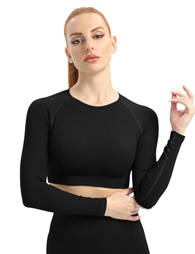 VALANDY Women's Workout Outfits 2 Piece Gym Seamless Yoga Leggings Ribbed Crop Top Long Sleeve Cute Activewear Sets
