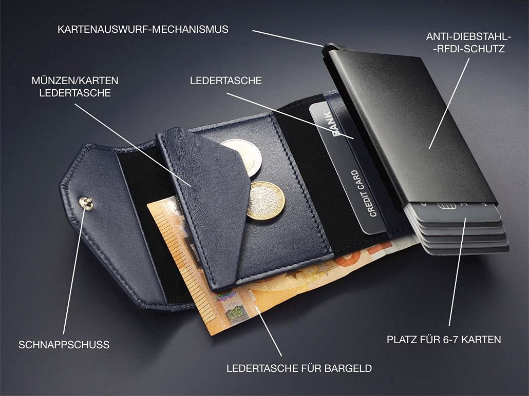 pularys Mini Wallet RAVEN - Multifunckion Credit Card Case - Italian Leather - RFID blocking - Size: 6.5 x 10 x 2.5 cm - Space for up to 7 Cards - Classic Design