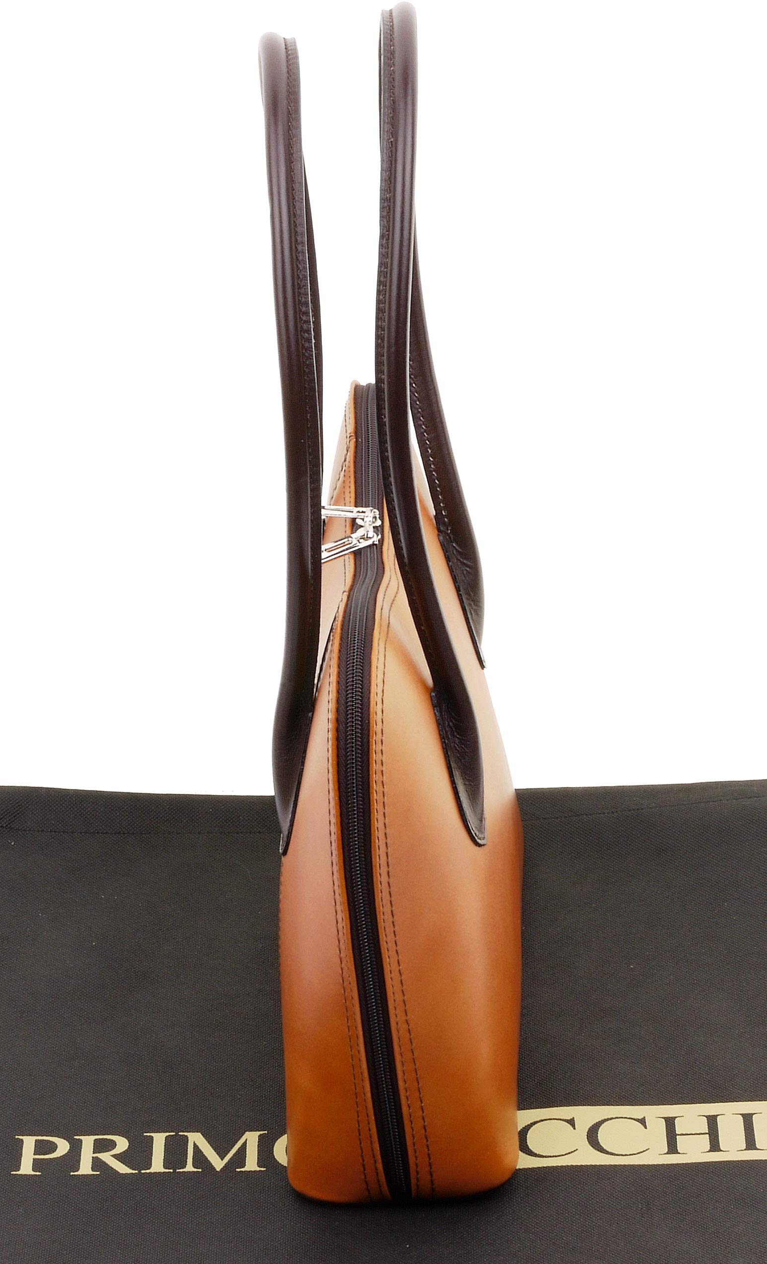 PRIMO SACCHI Italian Smooth Tan Brown Leather Classic Long Handled Handbag Tote Grab Shoulder Bag