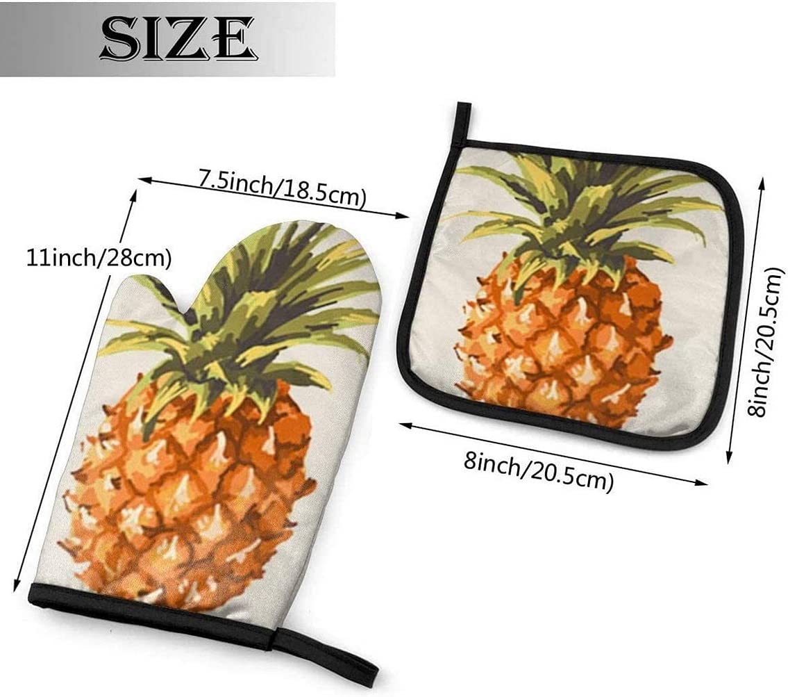 Vintage Pineapple Oven Mitt and Pot Holder Kitchen Set of 2: Heat Resistant Oven Mittens and Hot Pads Potholders for Kitchen