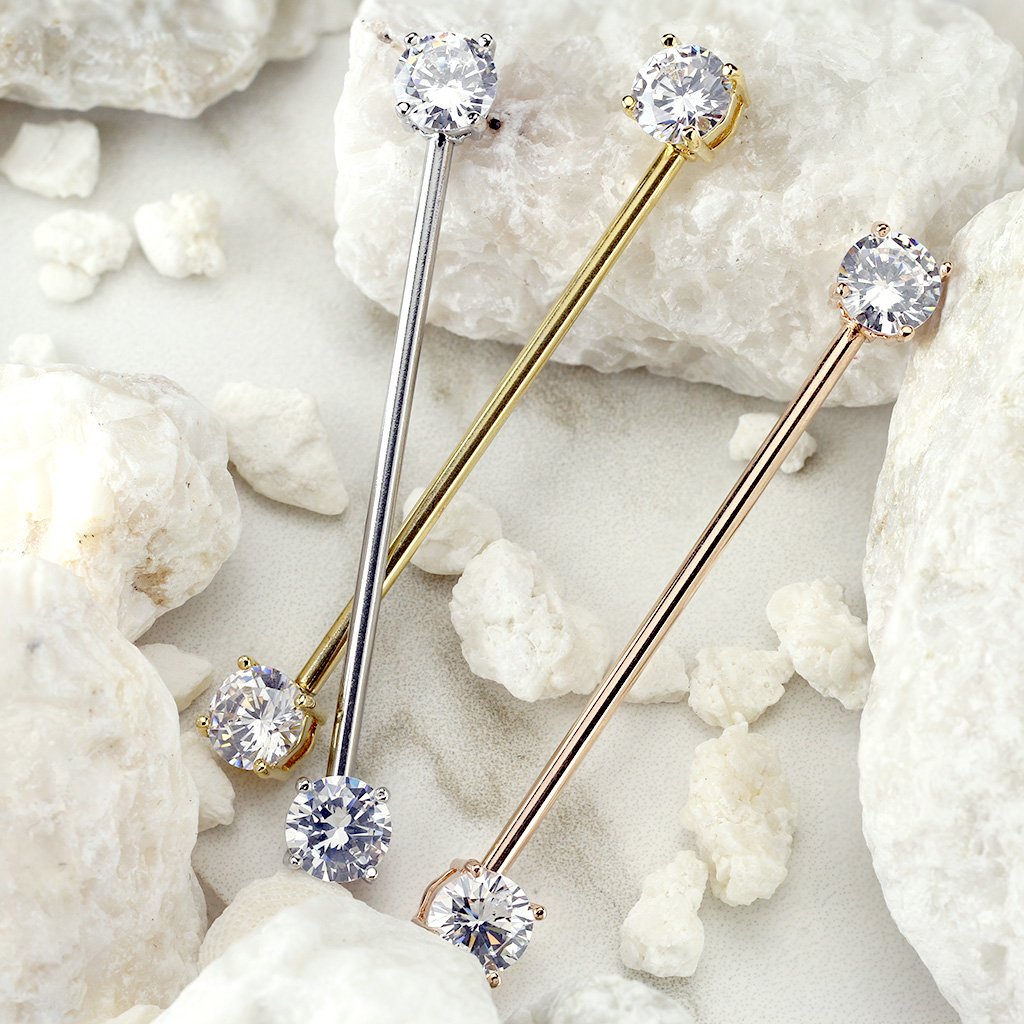 Pierced Owl 14GA 316L Surgical Steel Round CZ Crystal Industrial Barbell (Silver Tone)