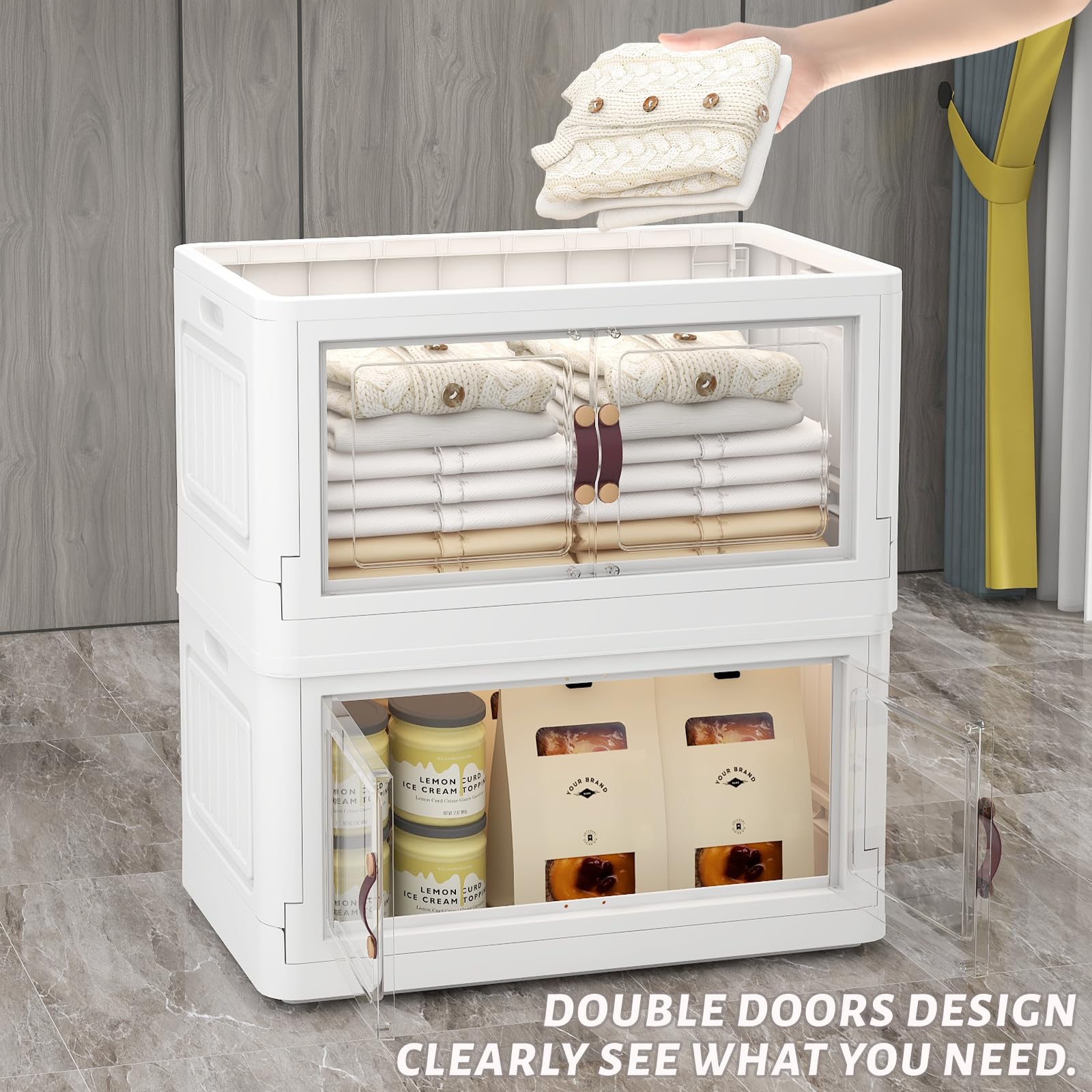 Shelime 4 Pack Foldable Storage Bins with Lids, 23 Gallon Collapsible Storage Bins with Doors and wheels, Stackable Storage Boxes Open Front, Plastic Closet Organziers for Home Bedroom.