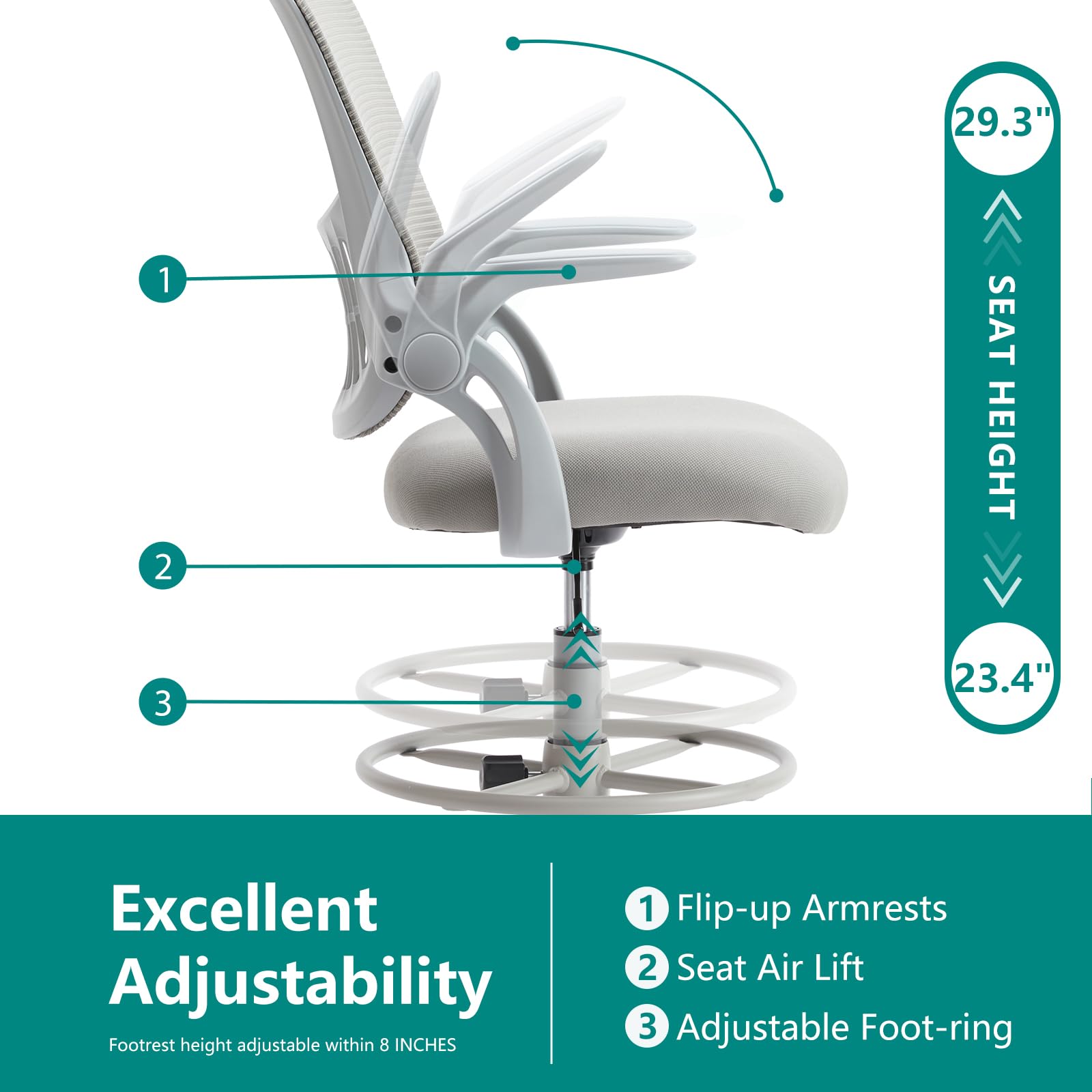 SMUG Drafting Chair, Tall Office Chair Tall Standing Desk Chair Counter Height Adjustable Office Chair with Flip-up Arms, Mid Back Mesh Office Drafting Chairs, Grey