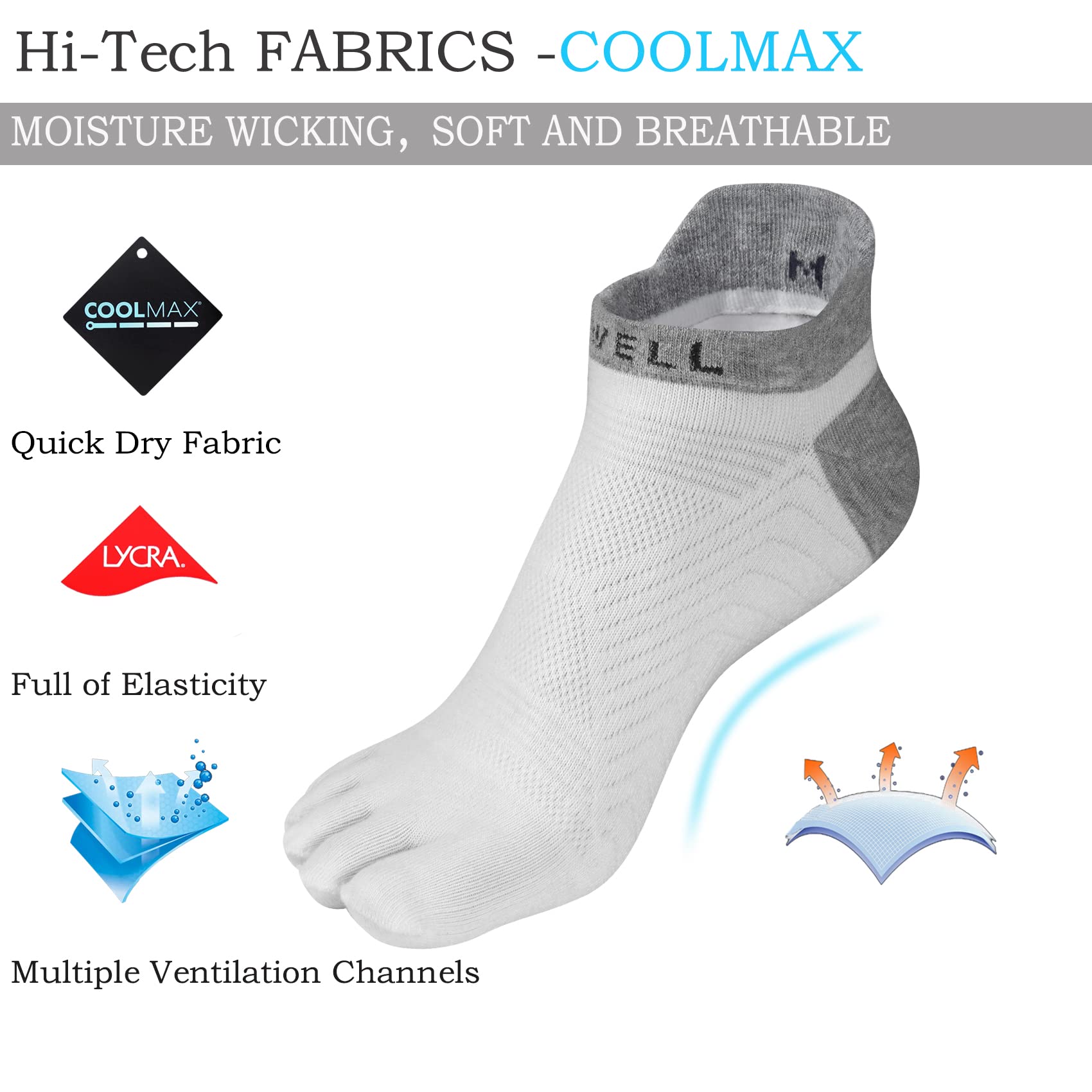VWELL Cotton Toe Socks Five Finger Socks No Show Crew Athletic Running Socks 4 Pairs,Size 7-11