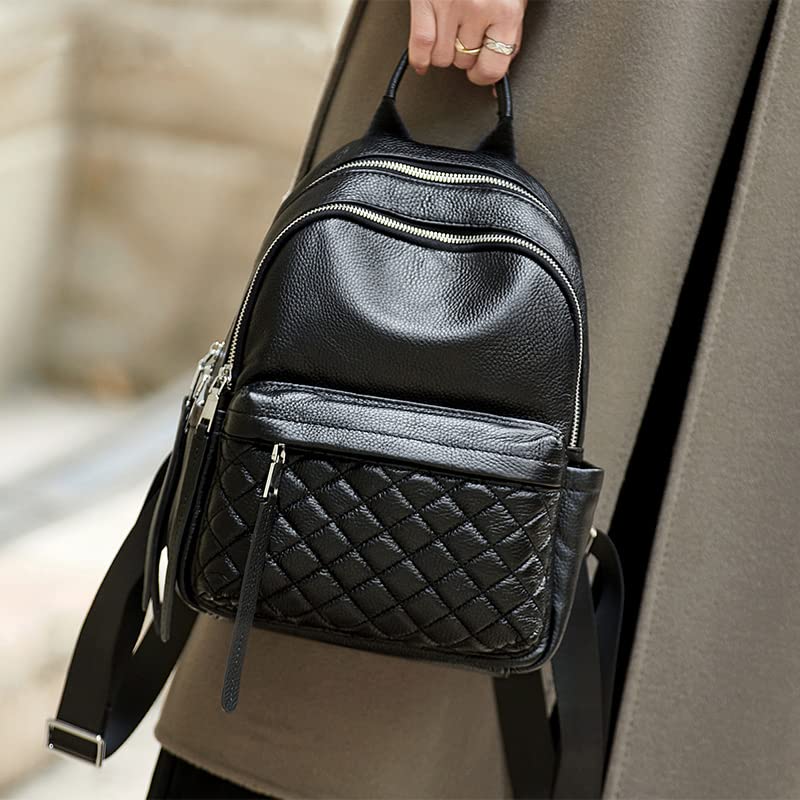 Wesccimo Genuine Leather Backpack Purse For Women Small Size Black Quilted Real Soft Leather Casual Daypack Backpack