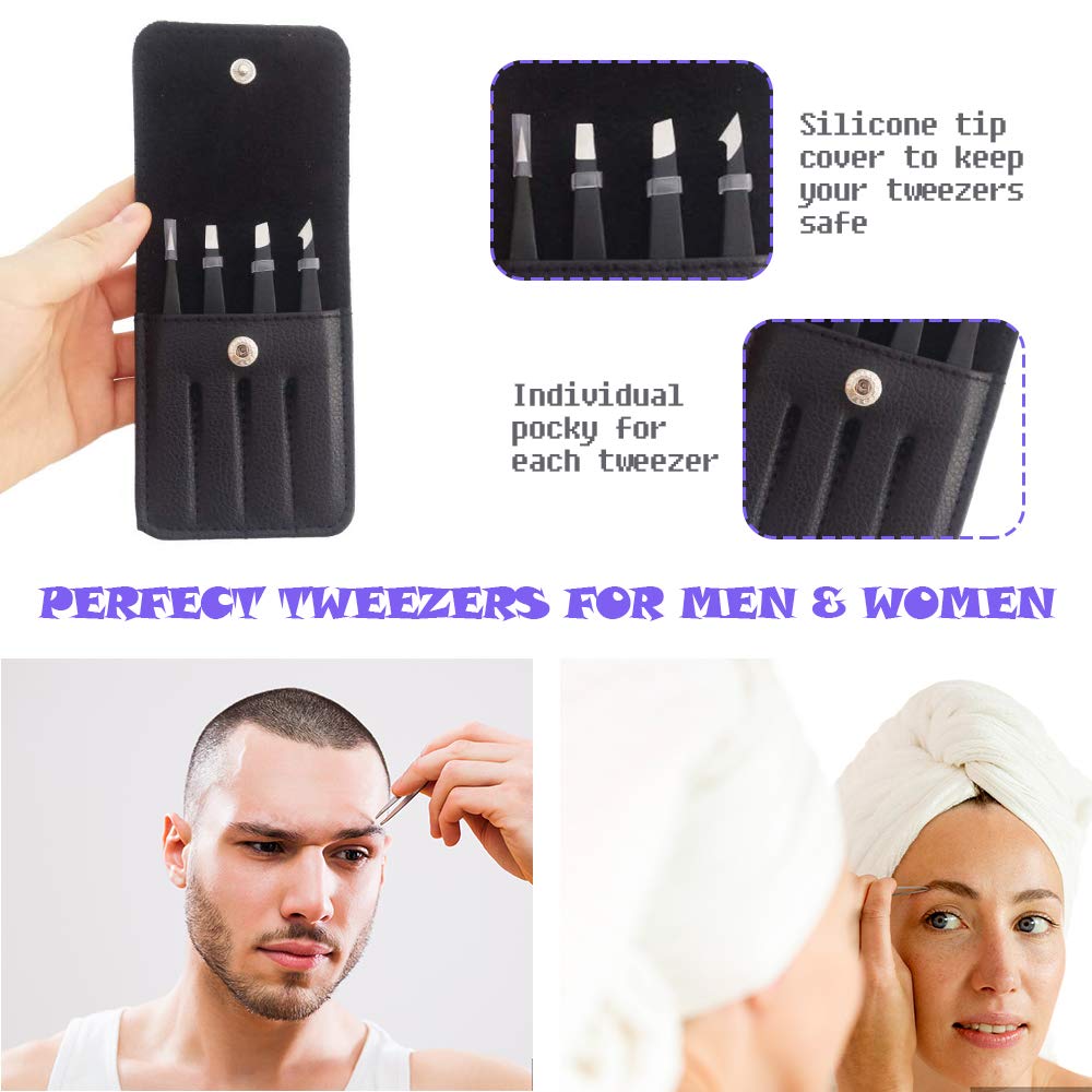 Professional Tweezers Set, ABOLINE 4 Pack Precision Tweezers For Eyebrows,Professional Slant Tip Tweezer Set for Hair Remove with Leather Travel Case(Black)