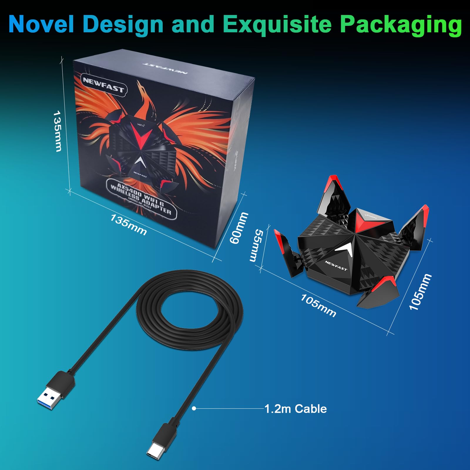 NEWFAST AX5400 WiFi 6 Adapter, USB 3.0 WiFi 6E Adapter for Gaming PC, 5400Mbps Tri-Band E-Sports Wireless Adapter for Desktop PC Laptop, Wireless Network Adapter WiFi Dongle Supports Windows 11/10