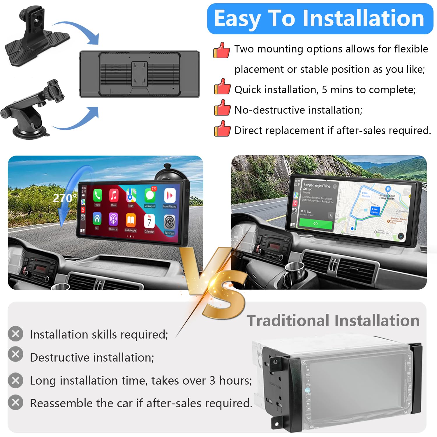 Portable Car Stereo Wireless Apple Carplay Wireless Android Auto, 9.3INCH IPS Touchscreen Car Audio Receivers with Bluetooth, Wireless Portable Multimedia Player, FM/AUX/TF/USB/Dash Mount Car Stereo