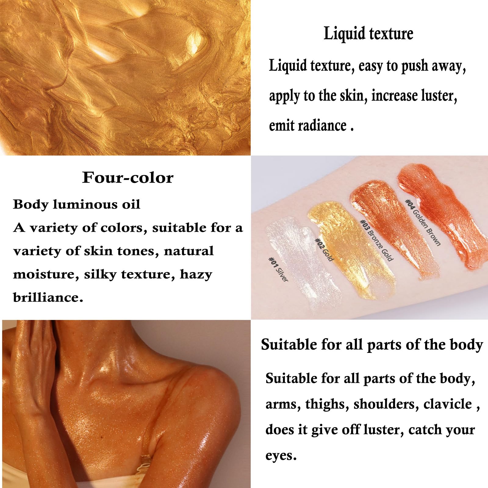Shimmer Body Oil, 4 Colors Face and Body Liquid Luminizer, Waterproof Moisturizing Light Shimmer Glow Illuminator Liquid Highlighter Makeup, Liquid Illuminator Body Highlighter 2.8oz/Jars (Halilua-shimmeroil-4#)