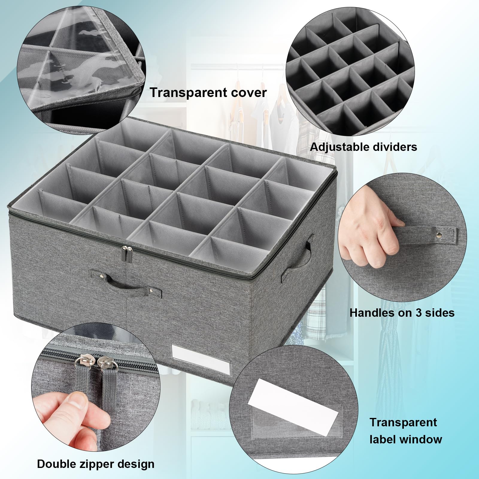 popoly Shoe Organizer for Closet Fits 16 Pairs, Large Shoes Storage Box Bins Containers with Clear Cover and Adjustable Dividers for Sneakers High Heeled, Hard Shell and Stackable (Grey)