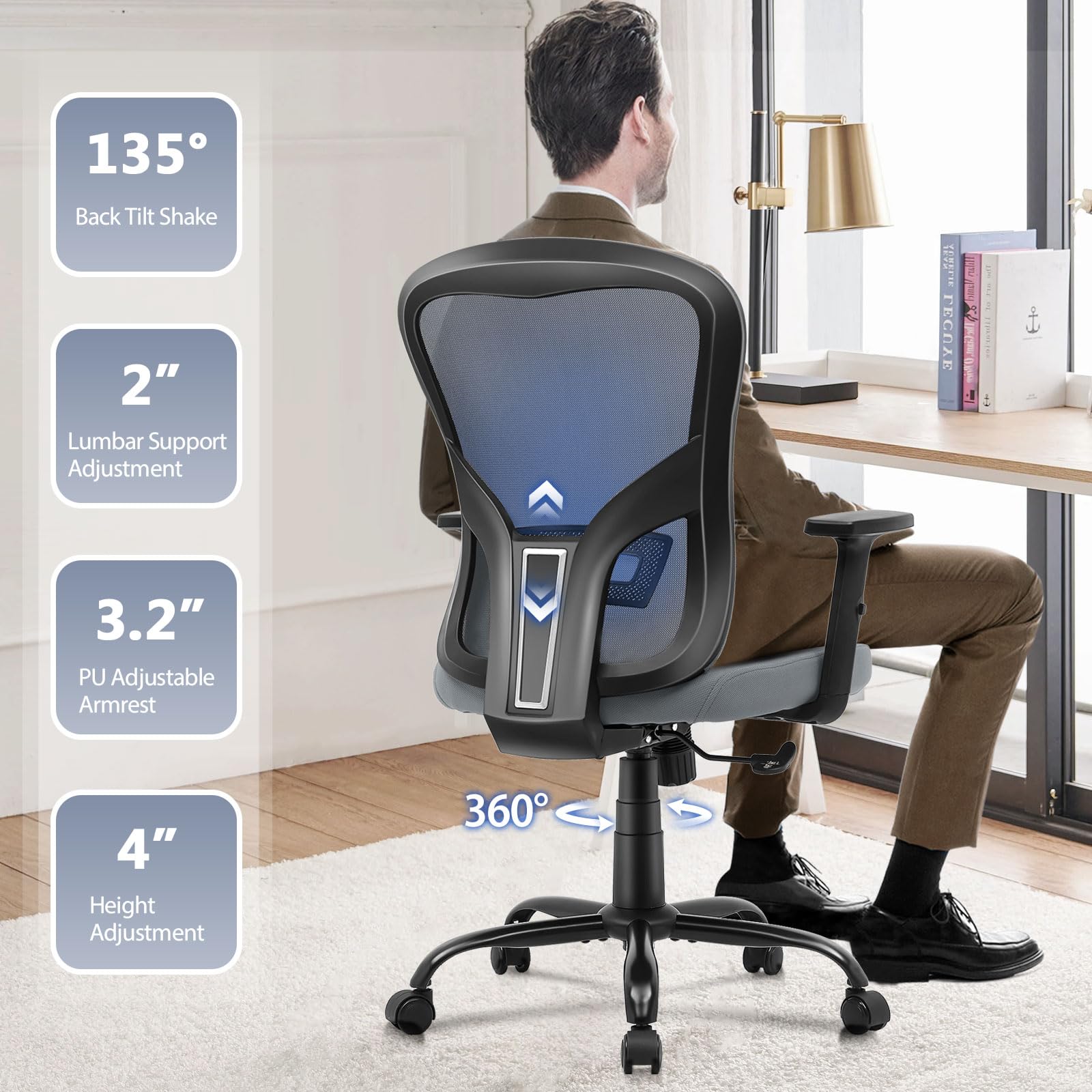 Office Chair Ergonomic Desk Chair with Adjustable Lumabr Support & 2D Armrest, Home Office Desk Chairs Breathable Rocking Computer Executive Chair Adjustable Height Task Chair350lbs (Grey)