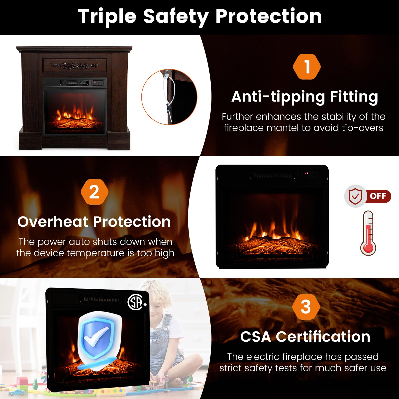 SIMOE 32" Electric Fireplace with Mantel,Package Freestanding Fireplace Heater with Remote Control & Overheat Protection & Adjustable Flame,Indoor Fireplace Mantel for Living Room,Bedroom,Brown