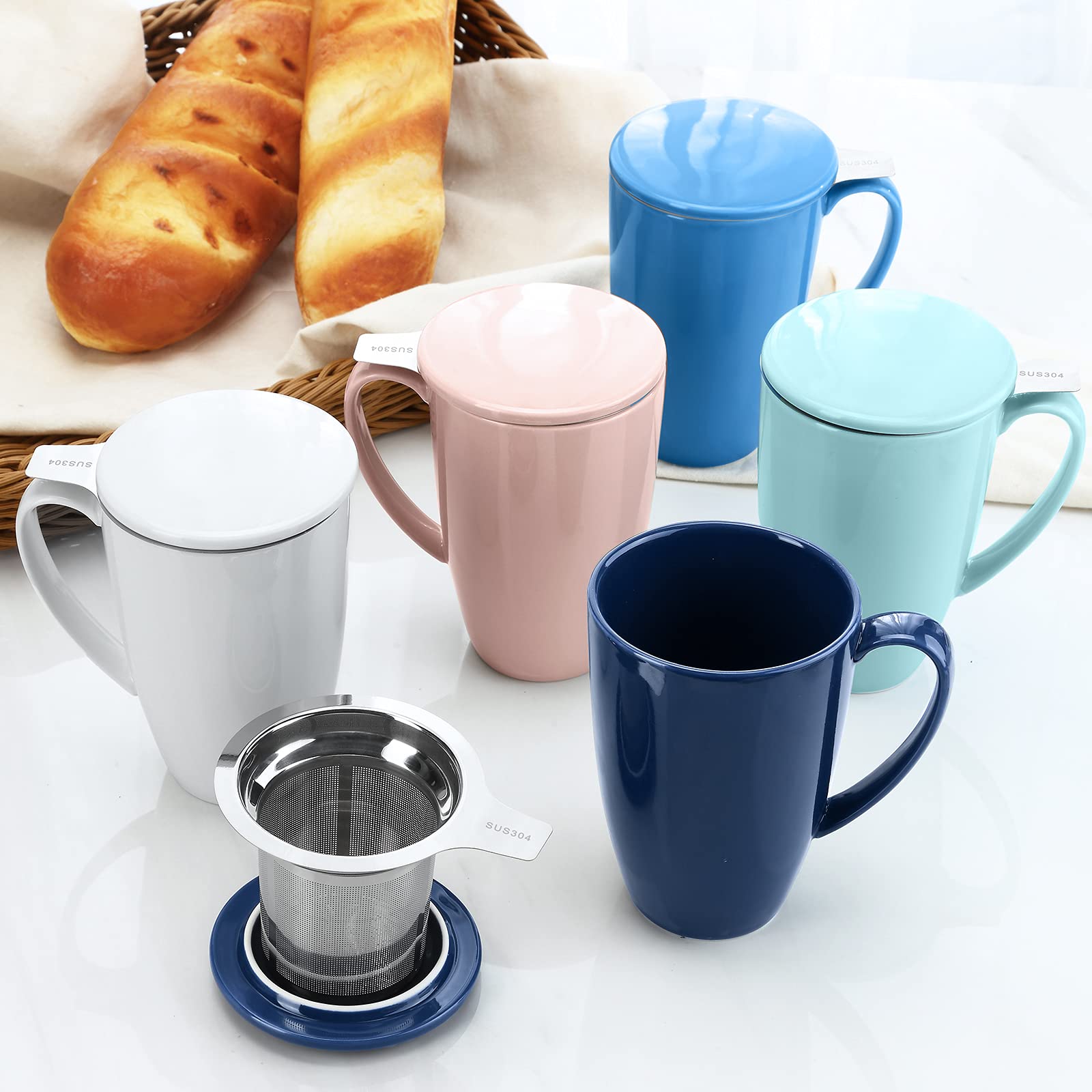 Yedio Porcelain Tea Mug with Infuser and Lid- 15 Ounce Tea Cup with Filter for Tea, Milk, Coffee, Loose Leaf Tea Infusers, Turquoise