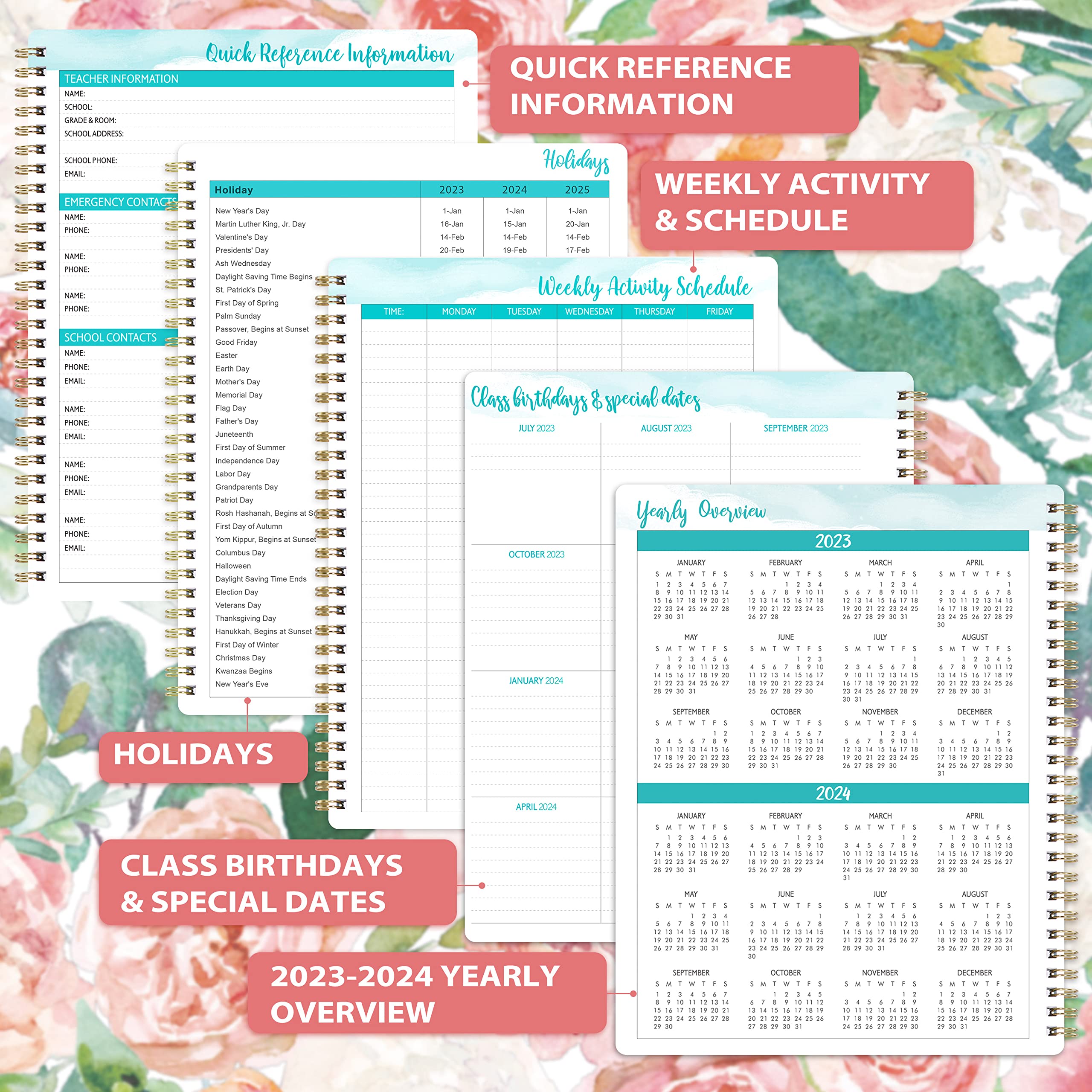 Teacher Planner 2023-2024 - 2023-2024 Teacher Planner, Academic Planner 2023-2024 from July 2023 to June 2024, 8" x 10", Teacher Lesson Plan Book with Quotes, Strong Twin-wire Binding - Floral