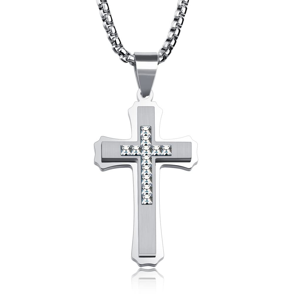OLEVS Diamond Silver Cross Pendant Necklace Metal Womens Cross Pendant for Women Necklace Small Mens Cross Pendant Necklace Silver Stainless Steel Cross Pendant Necklace for Men Women Girls