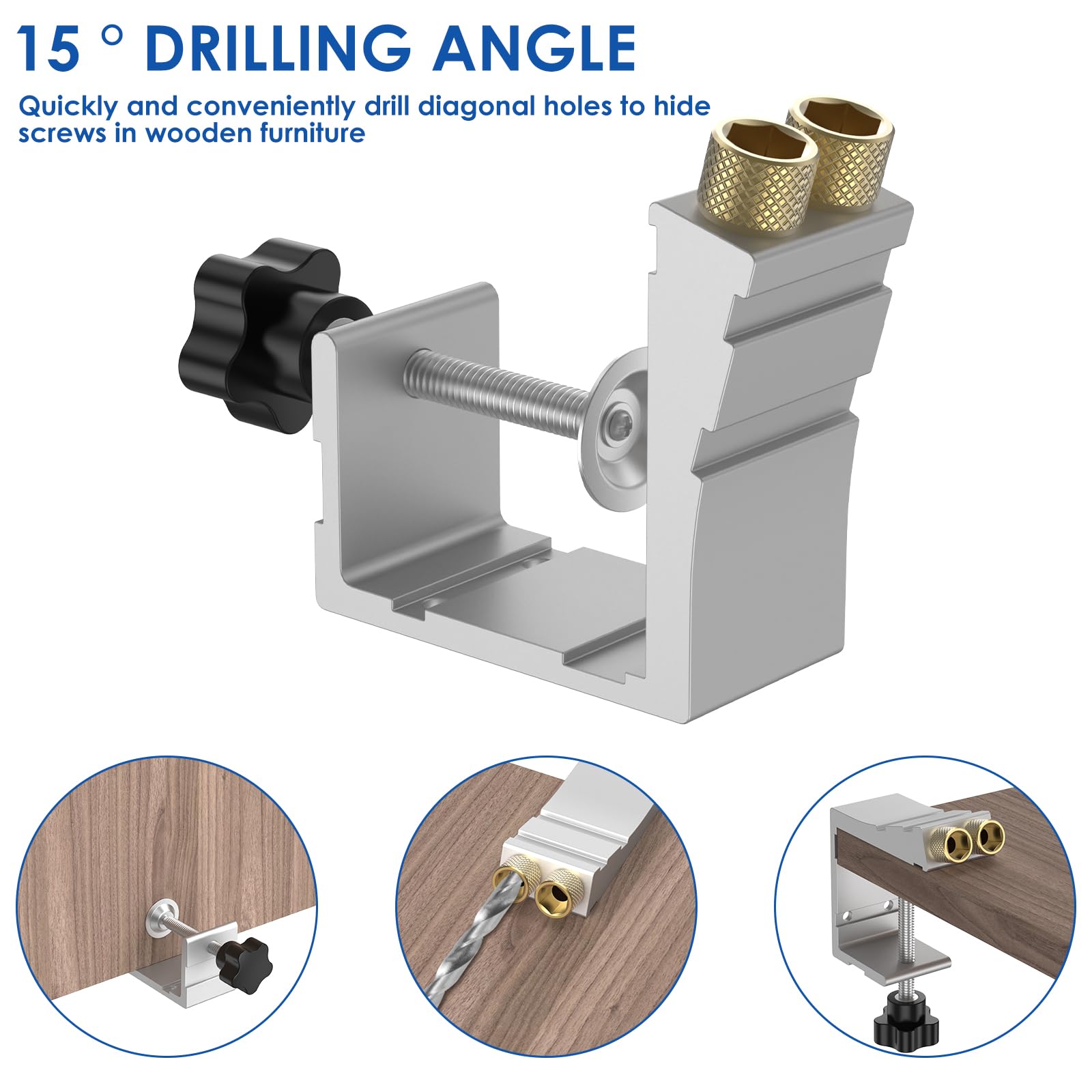 Pocket Hole Jig Kit,15 Degree Angle Oblique Hole Puncher Locato High Precision Adjustable Woodworking Drill Guide Tool Kit for DIY Carpentry Projects