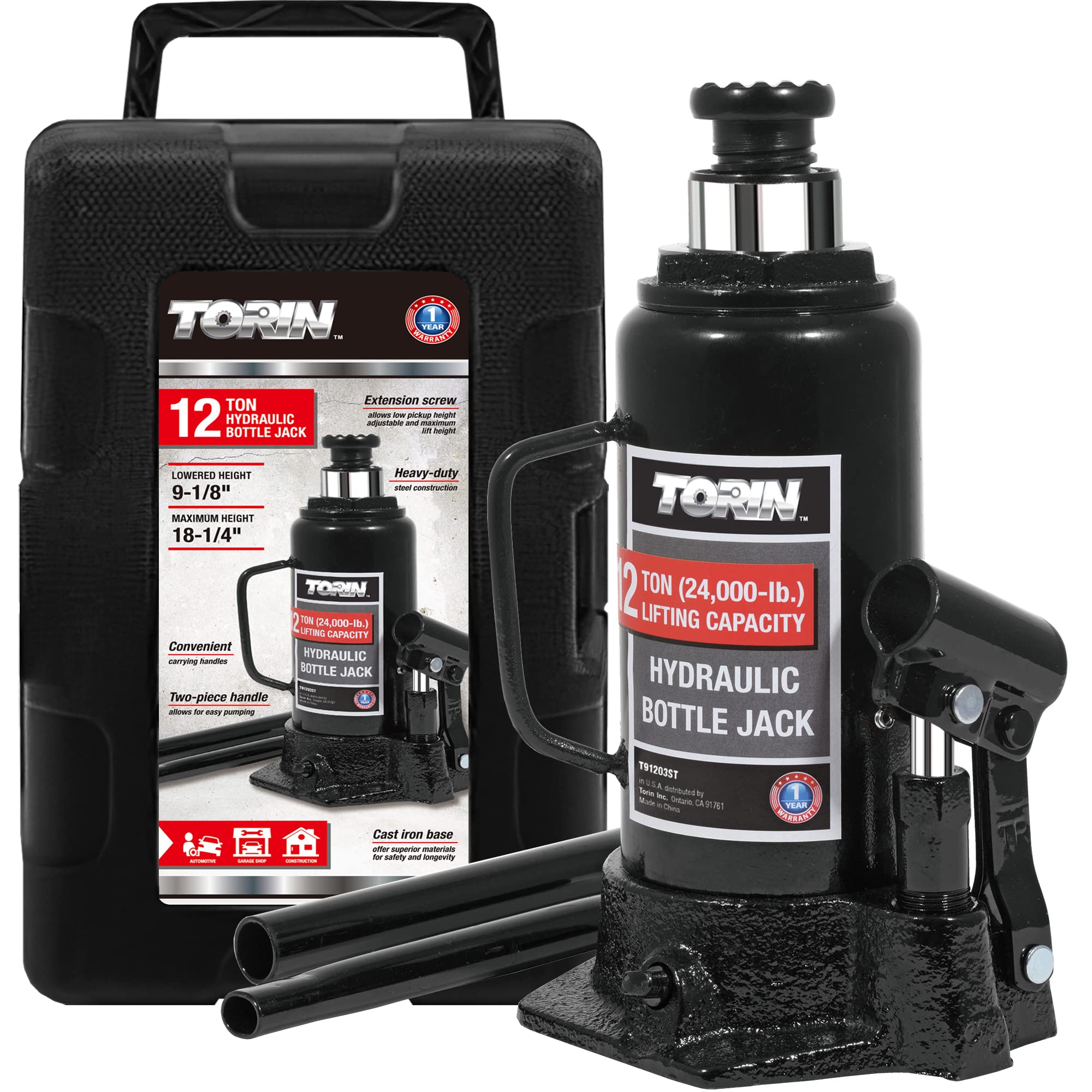 Torin 12 Ton (24,000 LBs) Hydraulic Bottle Jack with Carrying Case, T91203ST, Black