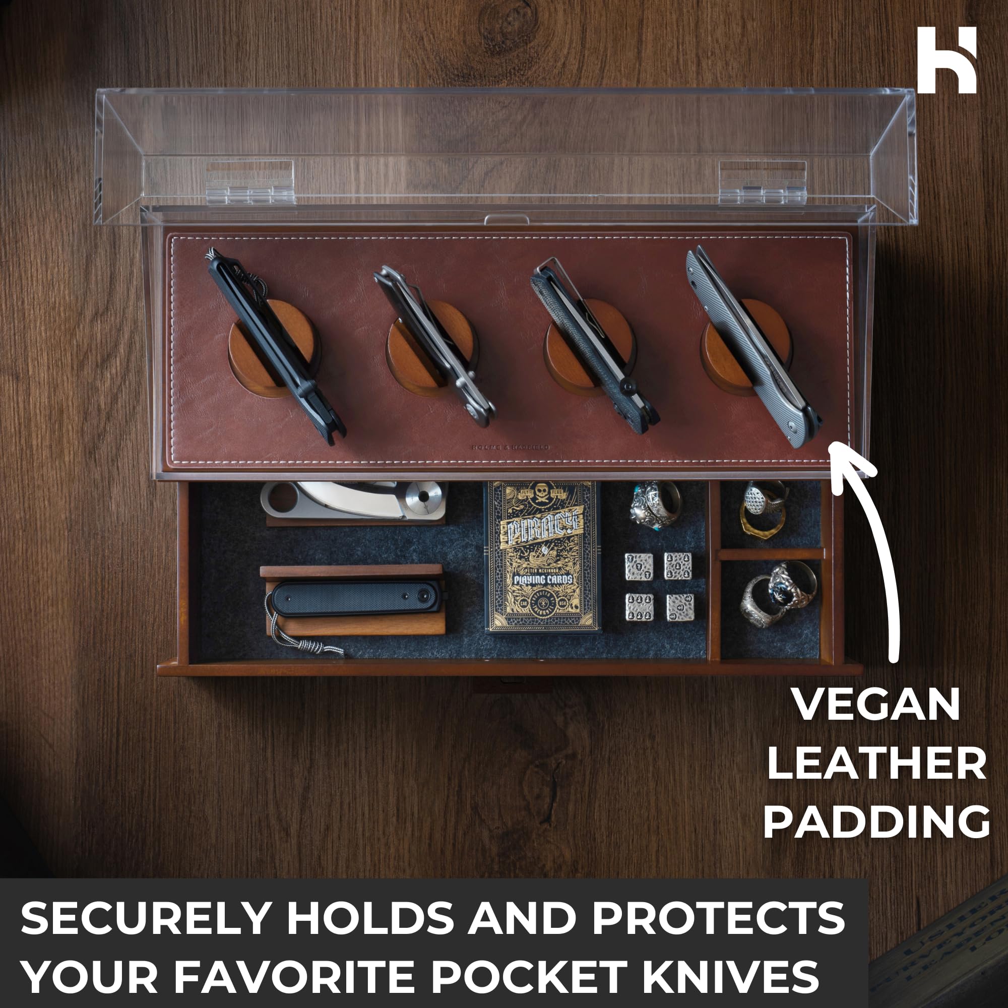Showcase Your Knives with The Knife Deck Pro – Premium Pocket Knife Display Case for 6 Knives – Easy Access & Leather Lining – Drawer for Accessories – Wooden Pocket Knife Holder – Lifetime Assurance