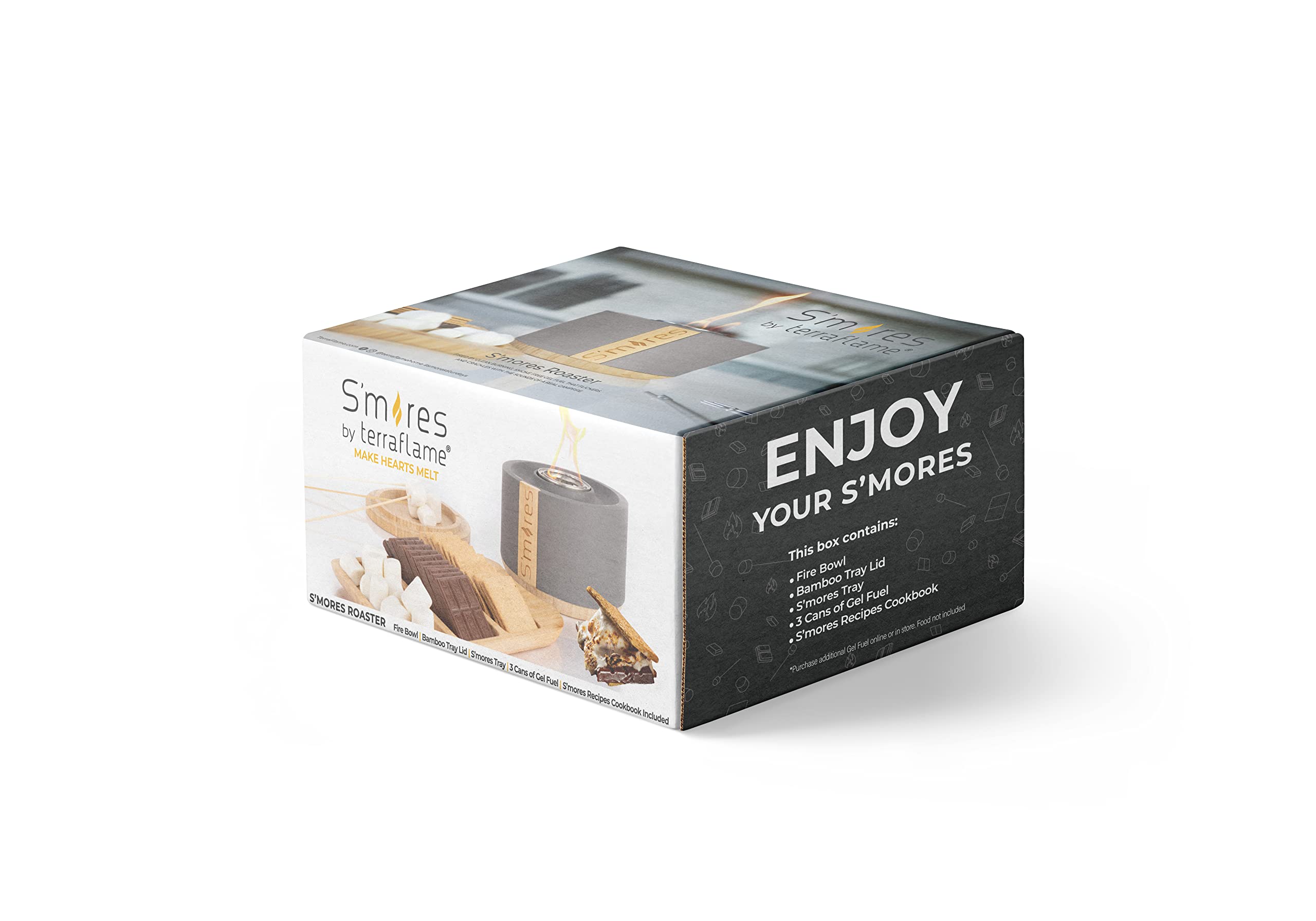 TerraFlame Portable Indoor and Outdoor Smoke Free Clean Burning Gel Fuel S'mores Roaster Tabletop Gift Set with Bamboo Tray - White