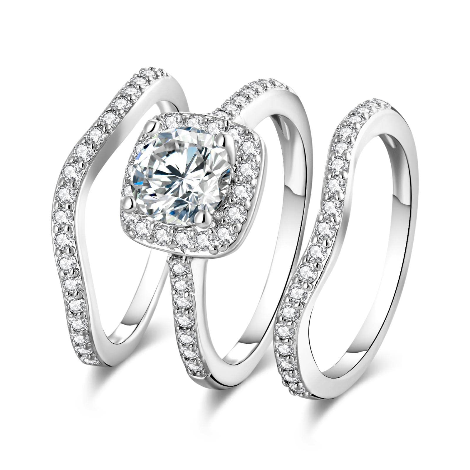 YOYEEWYNS 18K White Gold Three-in-One Halo Wedding Bridal Ring Set for Women Cubic Zirconia Engagement Eternity Rings Size 7