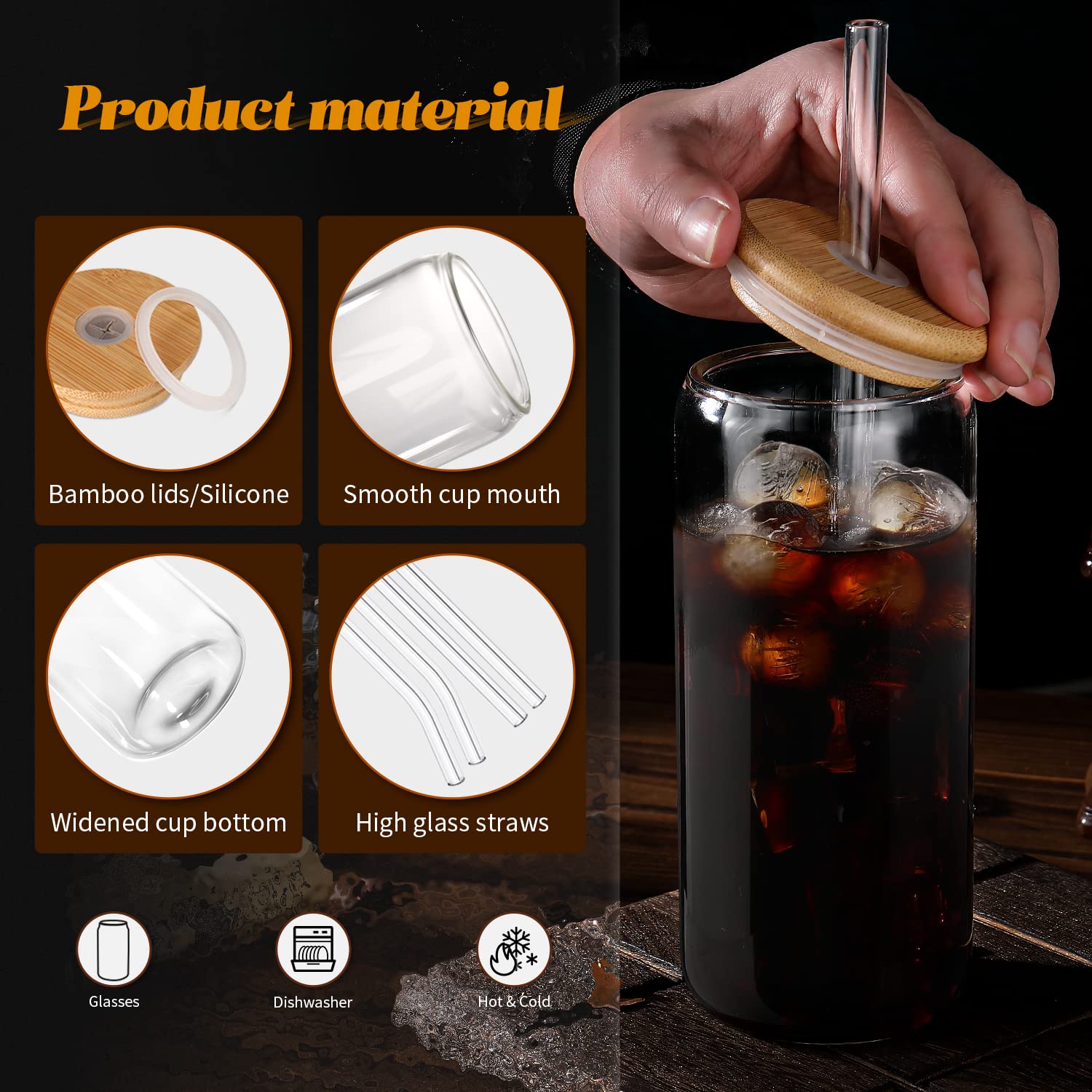 Porkus Glass Cups with Lids and Straws 4pcs Set, 20oz Glass Cups, Glass Coffee Cups, Iced Coffee Cup, Cute Tumbler Cup