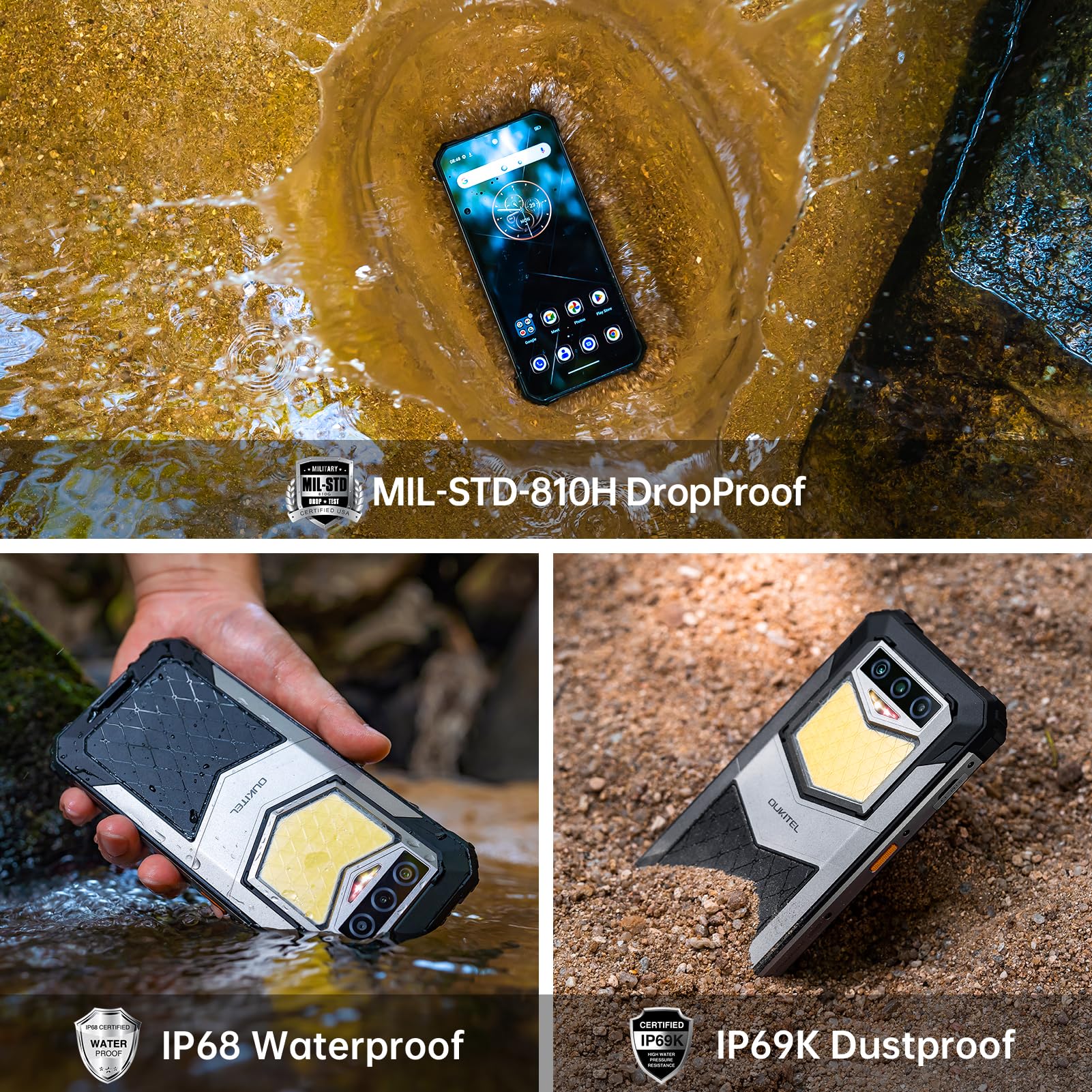 OUKITEL WP26 Rugged Smartphone Unlocked, 16GB RAM, 1200 Lumen Camping Light, 10000mAh Battery, IP68 Waterproof, Android 13, 48MP Camera, Dual SIM, 256GB Storage, 6.58" FHD+ Display