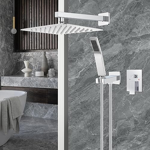 Shower Faucet Set, 10 Inches Rainfall Shower System with High Pressure Rain Shower Head with Handheld, Square Shower Faucet Wall Mounted Bathroom Luxury Rain Mixer Shower Complete Combo Set