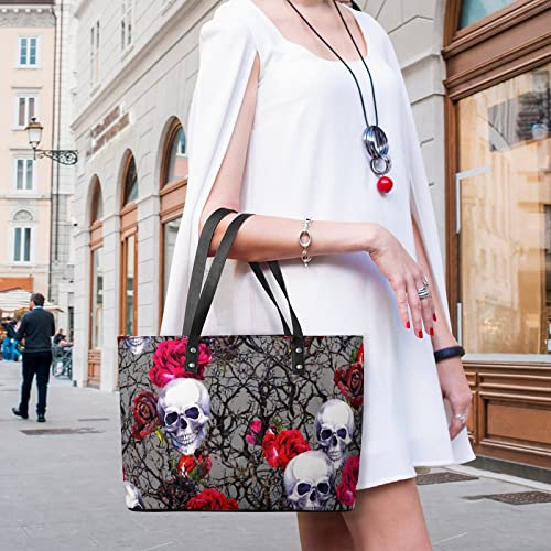 Womens Handbag Skulls Rose Flowers Leather Tote Bag Top Handle Satchel Bags For Lady