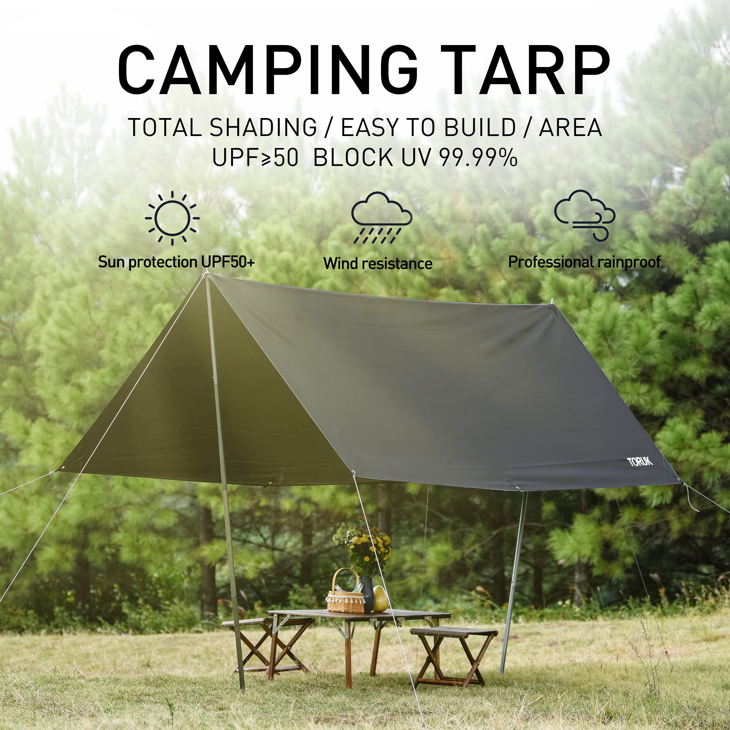 TORUK 10x10Ft Camping Tarp Waterproof | Portable Lightweight Hammock Tarp | Multifunctional Hammock Rain Fly for Camping Hiking Fishing Picnic (Black)