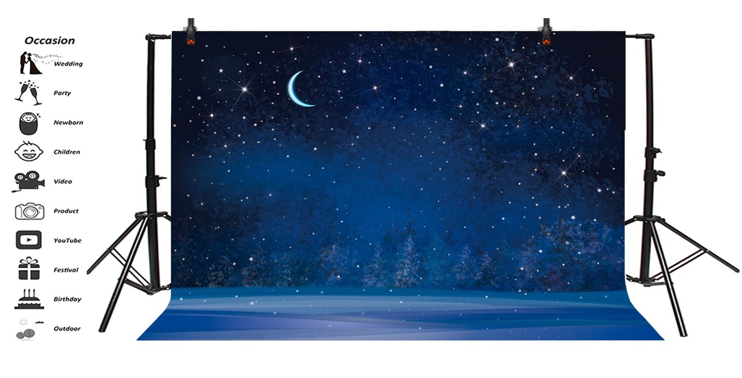 Yeele 8x6ft Winter Night Snowfall Snowflake Photography Backdrops Starry Sky Moon Blurry Fir Trees Pine Forest Background Merry Christmas Happy New Year Party Banner Decoration Studio Props