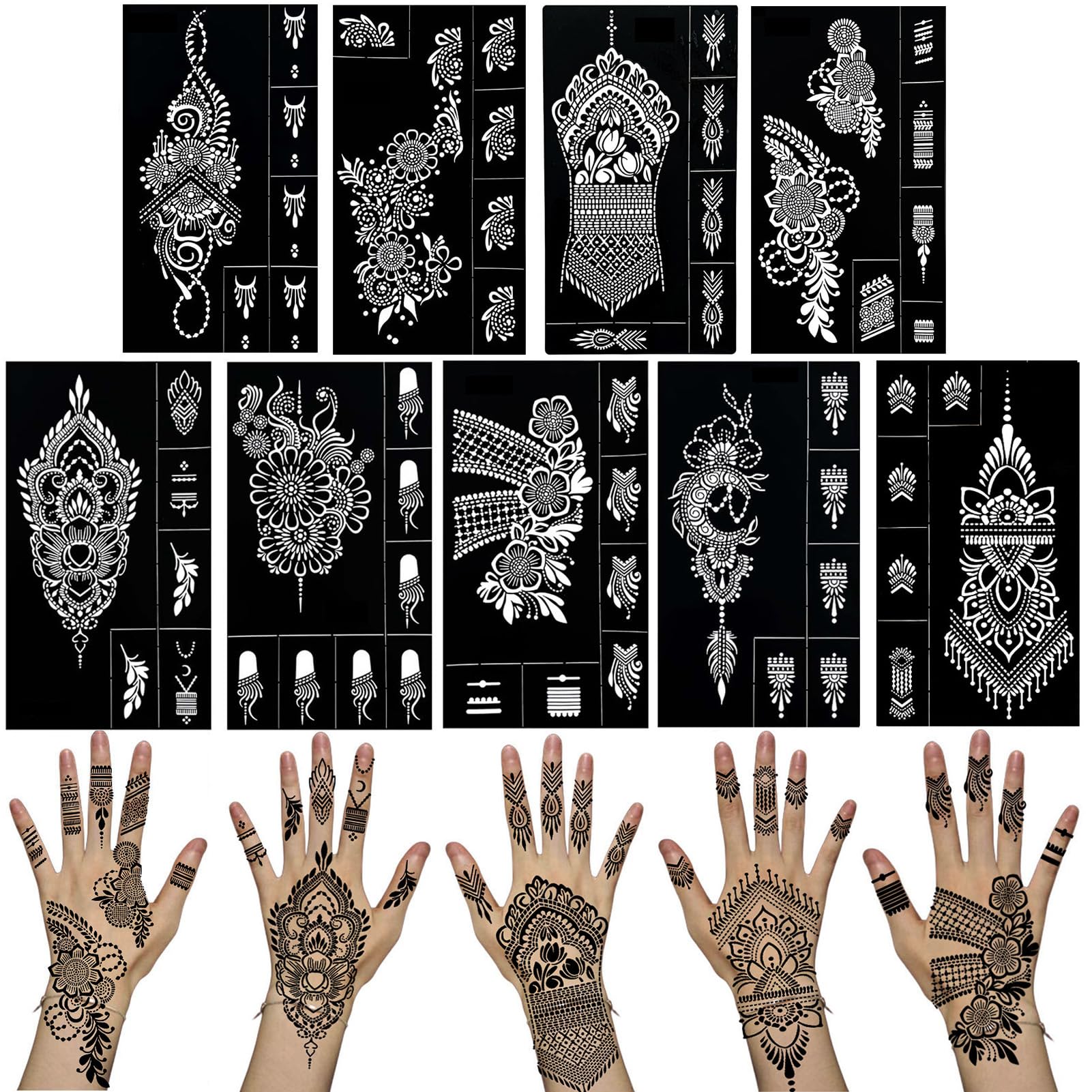 QSTOHENA 9 Sheets Henna Tattoo Stencils kit for Hand Reusable, Mehndi Temporary Tattoo Adhesive Templates Flower stencils for Women Girls Face Body Finger Art Paint