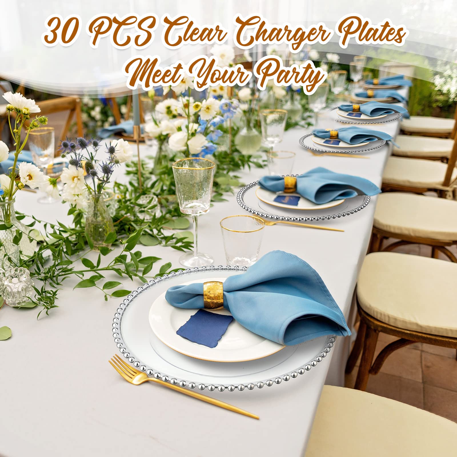Weewooday 30 Pieces Silver Plastic Beaded Charger Plates 13 Inch Round Dinner Chargers Bead Clear Service Plates for Wedding Birthday Party Events Bridal Shower Dinner Tabletop Decoration