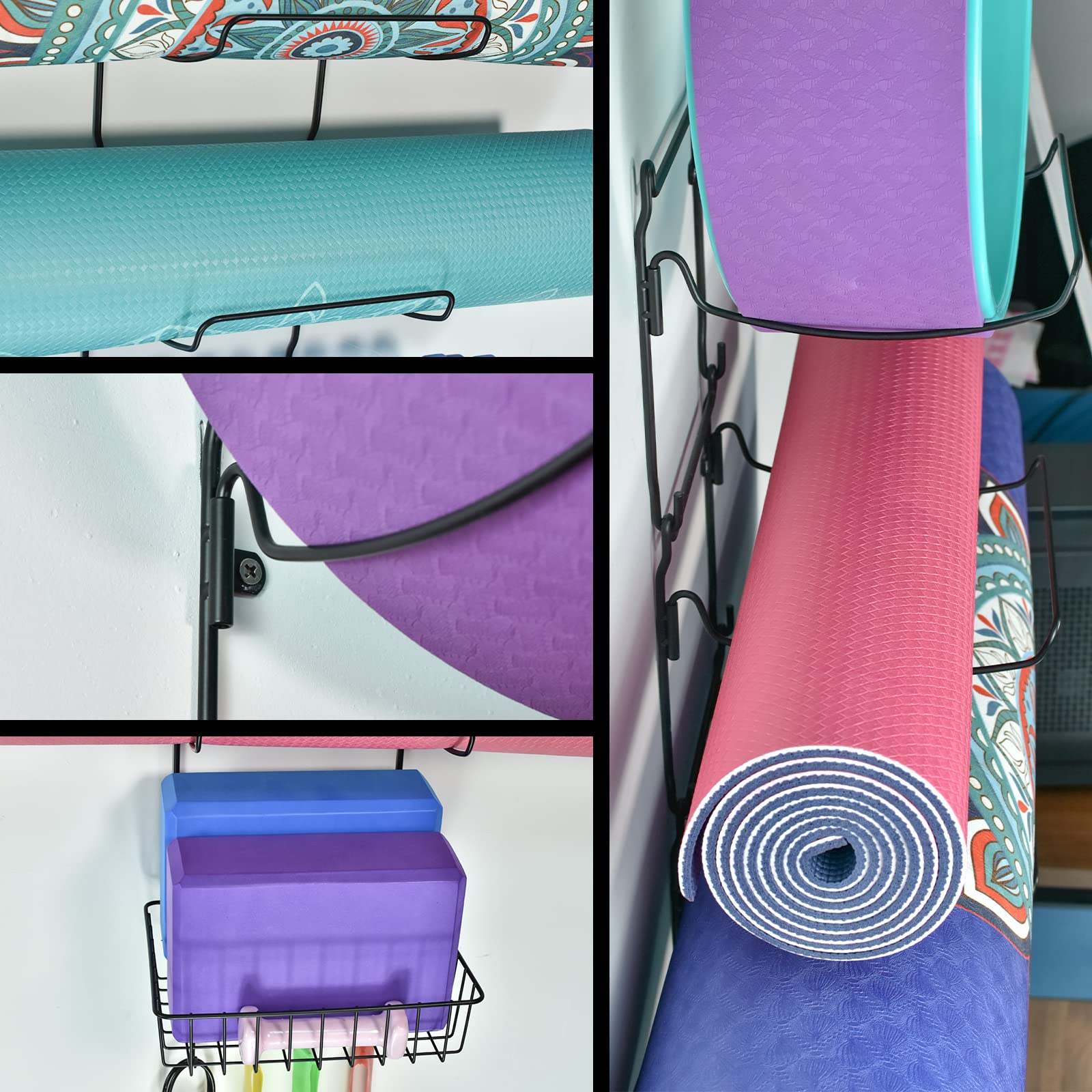 Yoga Mat Holder Wall Mount, CAPHONT Yoga Mat Storage Rack with Basket & Hook 3 Layers Home Gym Storage Rack for Foam Roller, Yoga Strap and Resistance Bands, Workout Equipment Storage Organizer
