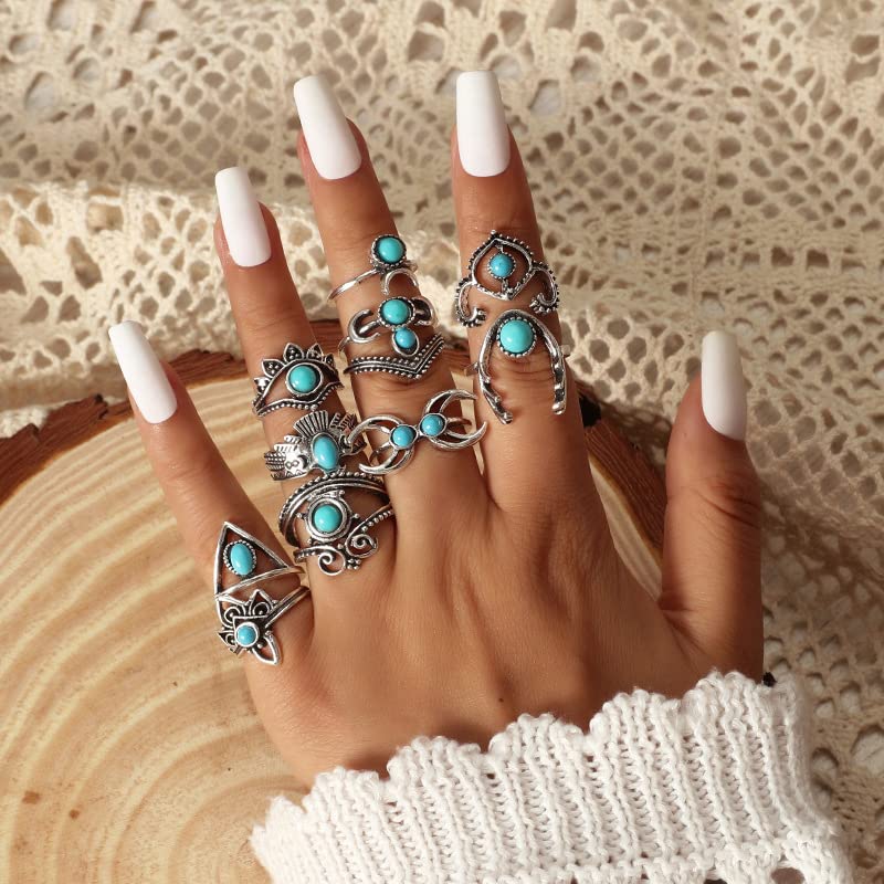 Western Turquoise Rings Set for Women Vintage Joint Knuckle Rings Bohemian Opal Stackable Rings Midi Stacking Rings for Holiday Gifts