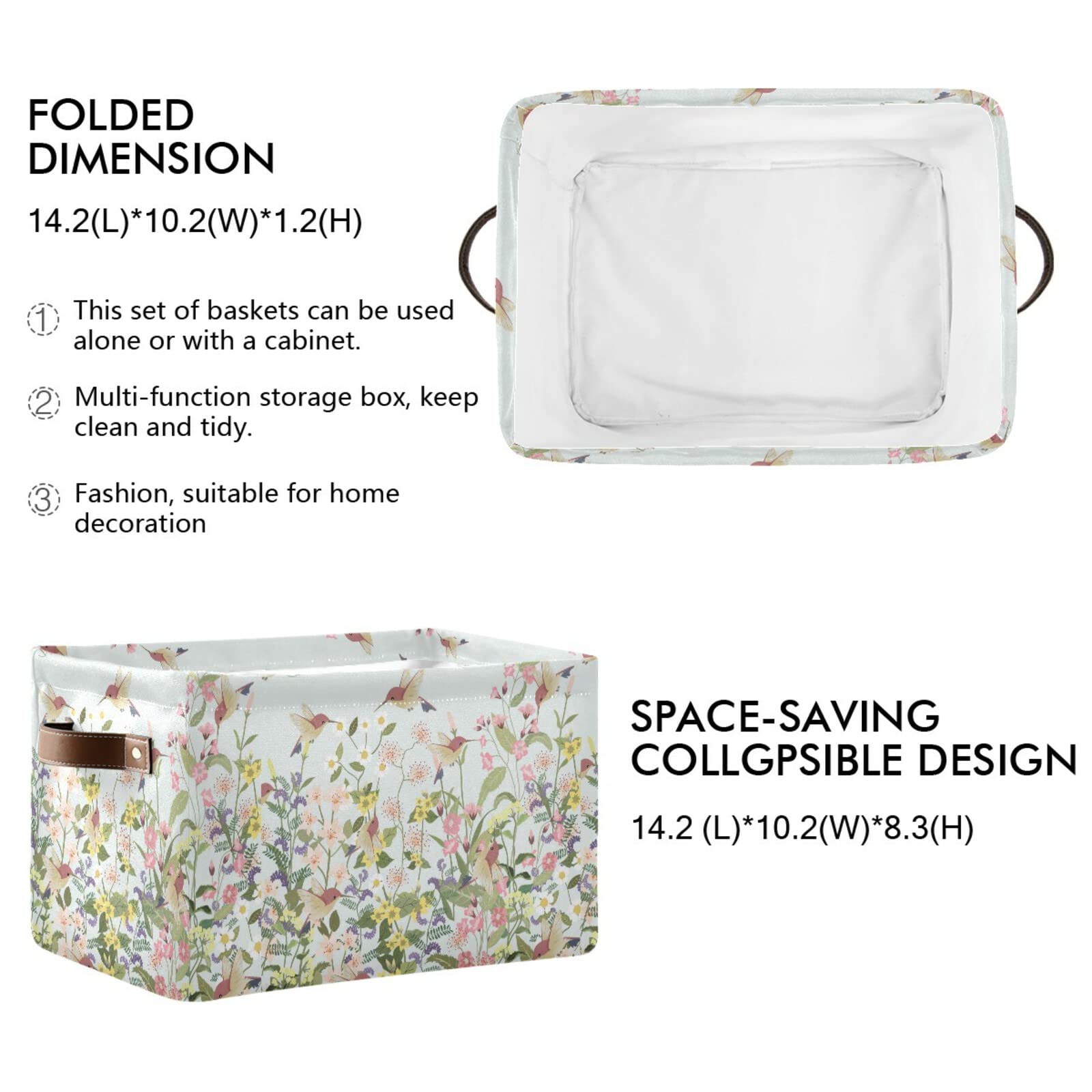 xigua Hummingbirds Foldable Canvas Storage Bin, Sturdy Fabric Storage Basket with Handles, Storage Cube Box for Organizing Shelf Nursery Toy Closet 2PCS