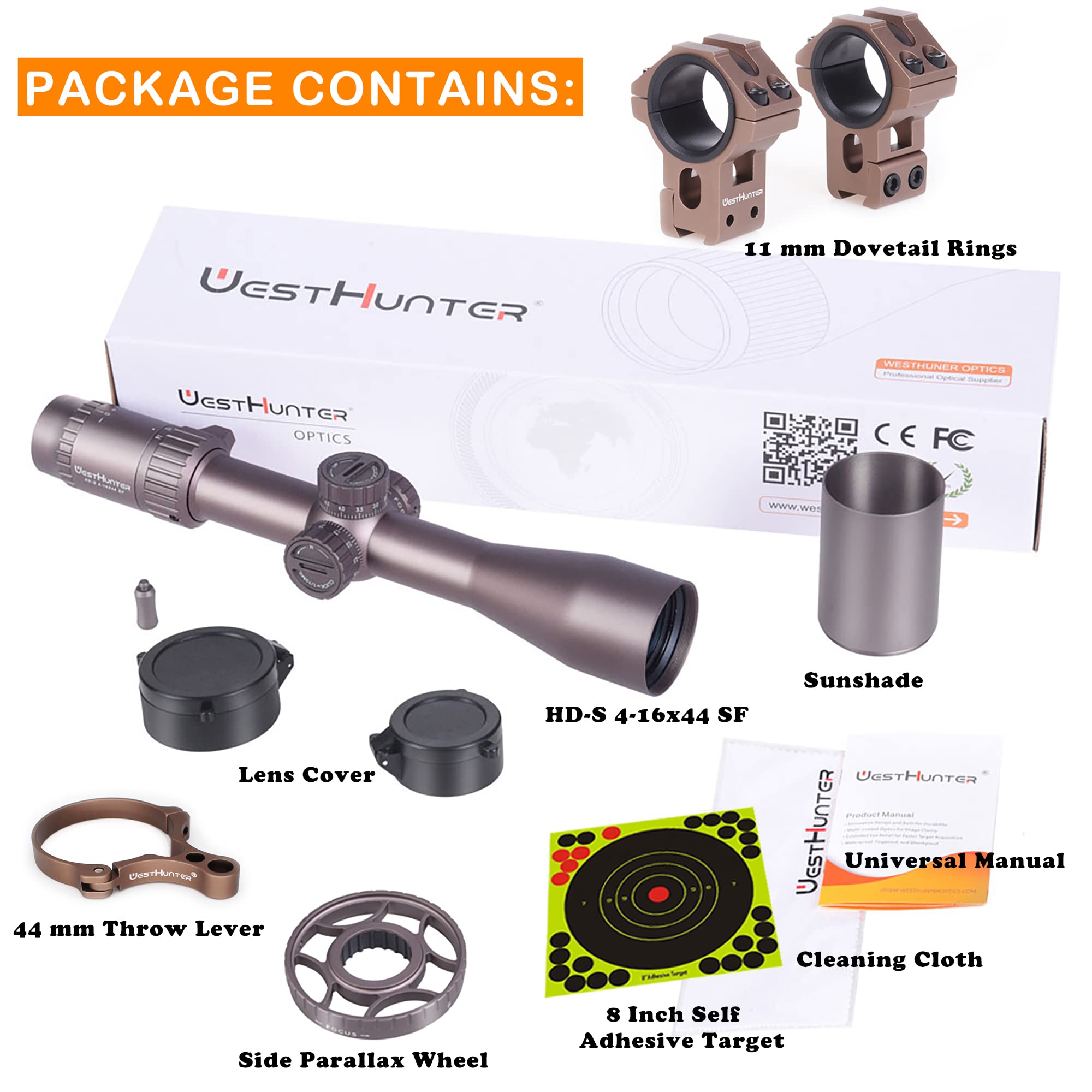 WestHunter Optics HD-S 4-16x44 SF Riflescopes, 30mm Tube Second Focal Plane Tactical Precision 1/10 MIL Shooting Scope | Brown, Dovetail Shooting Kit B