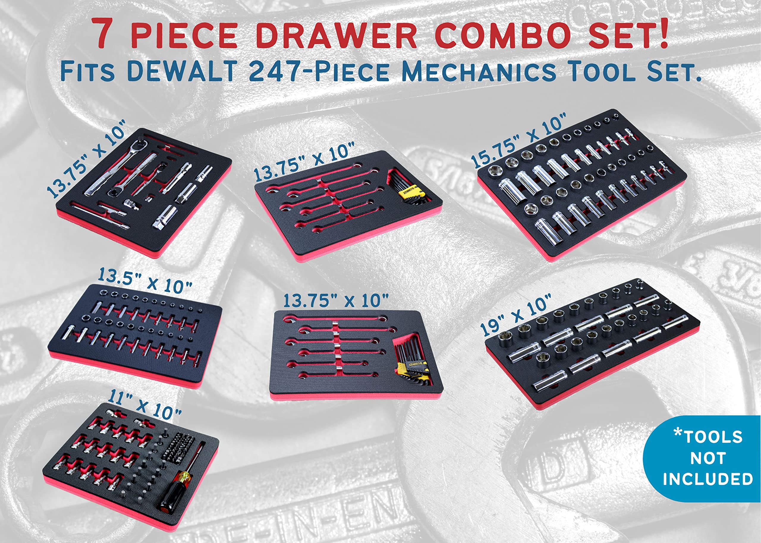 Polar Whale Tool Drawer Organizer Inserts Fits DEWALT 247 Piece Mechanics Set Red and Black Durable Foam Trays Holds Many Tools and Accessories ONLY for DWMT81535 Fits Most Cabinet and Chest Drawers