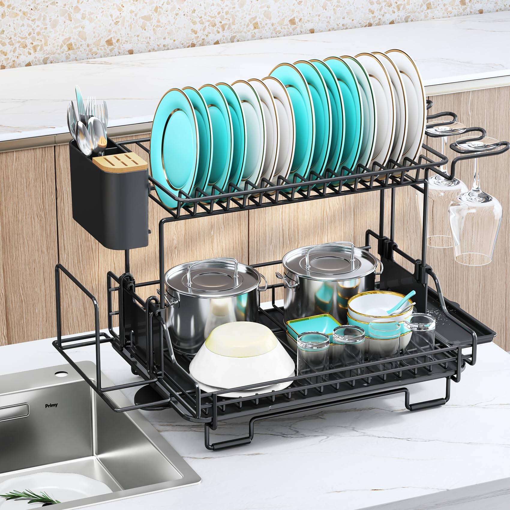 Ourackey Dish Drying Rack, 2 Tier Dish Rack, Large Dish Racks for Kitchen Counter, Anti-Rust Multifunctional Dish Drainer with Cutlery, Drain Board & Cup Holder, Black