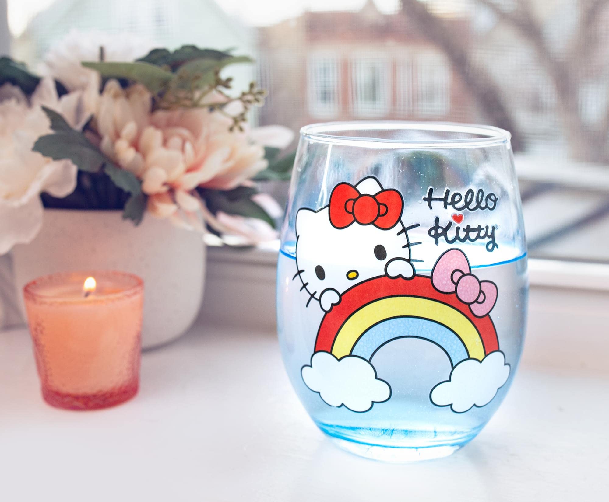 Toynk Sanrio Hello Kitty Rainbow Peek Stemless Wine Glass, Tumbler Cup For Cocktails | Holds 20 Ounces