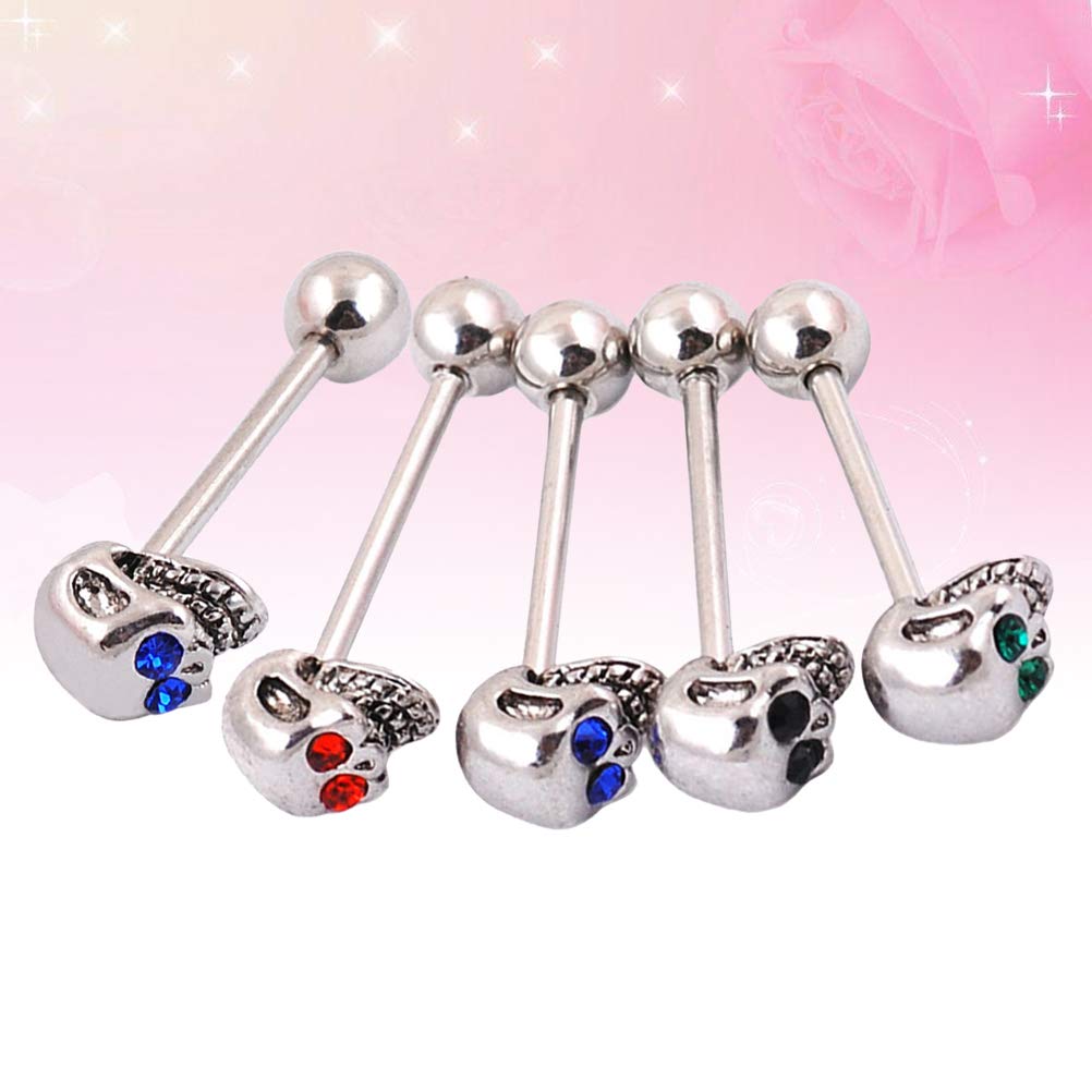 Skeleton Tongue Bar Barbell Piercing Rings Body Retainer Skull Stainless Steel Crystal Jewelry Multi Color 5pcs
