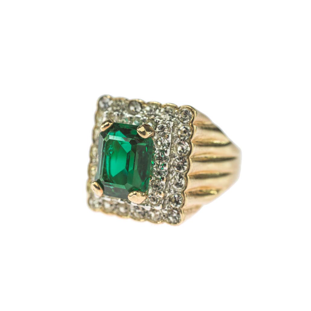 Providence Vintage Jewelry Emerald and Clear Austrian Crystal 18k Gold Plated Cocktail Ring