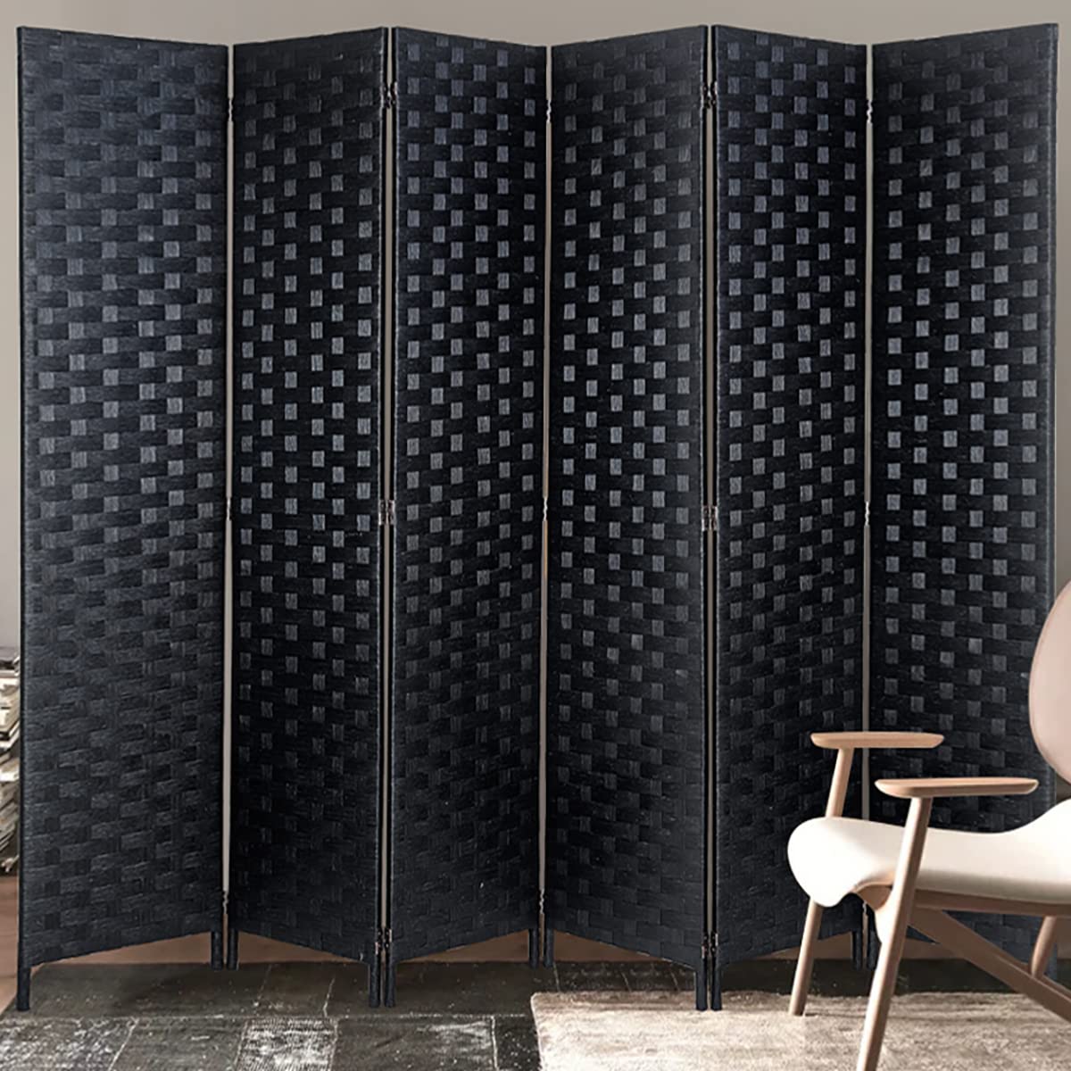 RHF 6 ft.Tall 16" Wide Room Dividers,Double Side Woven Fiber Divider,Better Privacy Screen,Folding Partition & Wall Divider,Space Seperate Indoor Decorative 6 Panel Screen,Freestanding- Black,6 Panels