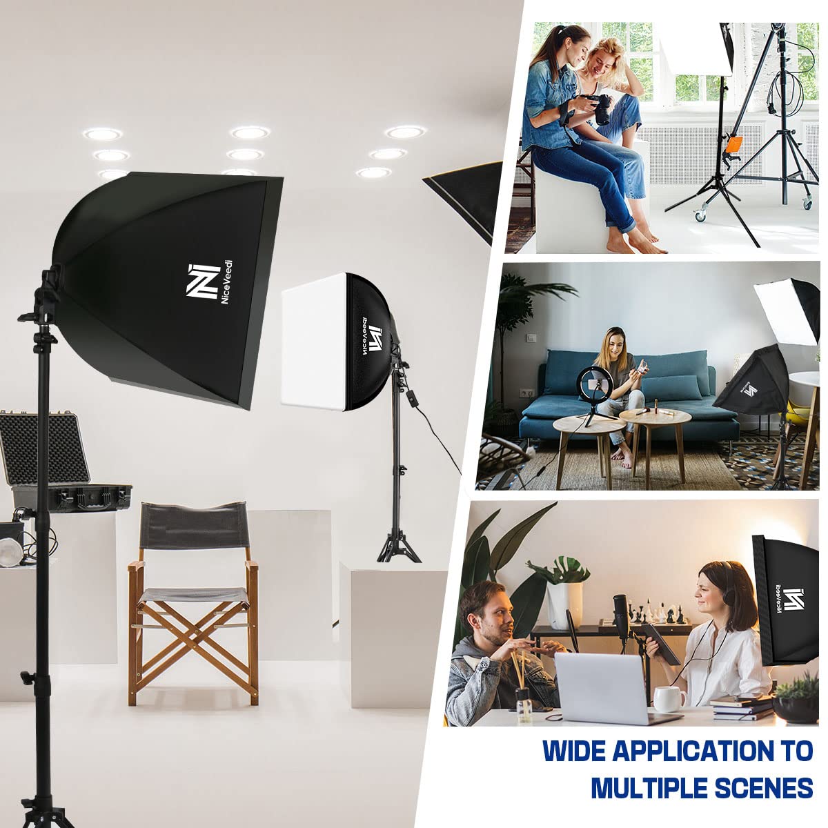 Softbox Lighting Kit, NiceVeedi 16'' x 16'' Softbox Photography Lighting Kit with 63” Tripod Stand & 5400K 450W Equivalent LED Bulb, Continuous Lighting for Photography/Video Record/Live Streaming