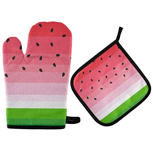 Watermelon Oven Mitts Pot Holders Set Summer Heat Resistant Gloves and PotHolders Pad 2Pcs Kitchen Decor Recycled Microwave Gloves for Baking Cooking