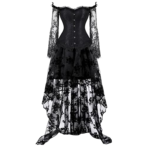 Womens Long Sleeve Gothic Dress with Corset Halter Lace Swing Victorian Princess Dresses Off Shoulder High Low Skirt Black