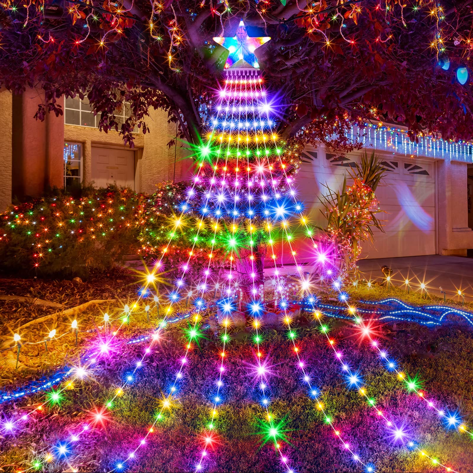 Outdoor Christmas Decorations Lights Christmas Tree Lights,12 ft High Christmas Yard Decorations Outdoor Waterfall Lights,with 8 Modes Control Outside Christmas Decor for Wedding Party Holiday