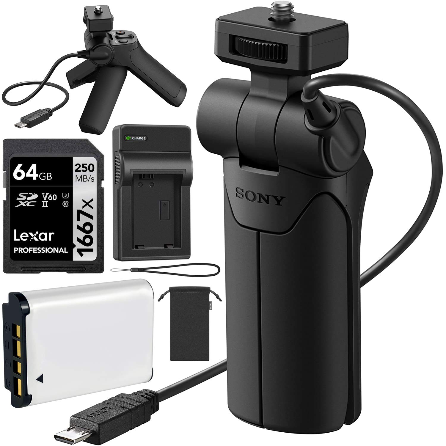 Sony VCT-SGR1 Shooting Grip Camera Tripod for One Handed Vlogging Video Shoots Adjustable Angles Creative and Stable Selfie Bundle w/Lexar 64GB Card + GBX Battery and Charger Compatible with NP-BX1
