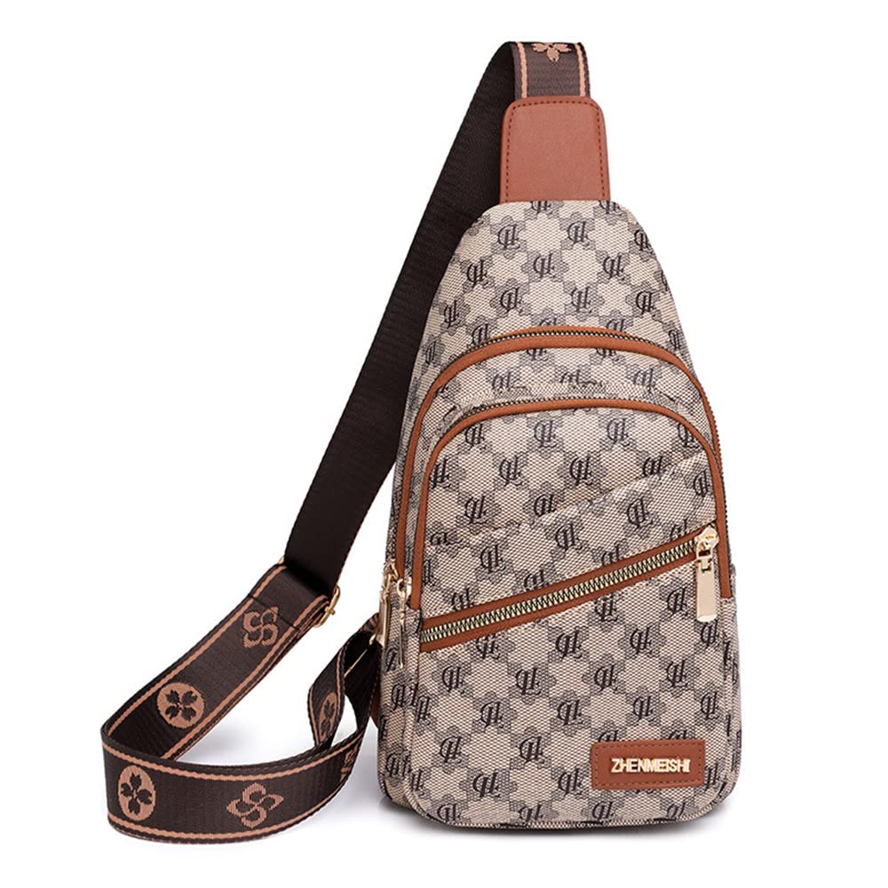 Sling Bag for Women Crossbody Chest Bag Pu Leather Small Shoulder Backpack Vintage Fanny Daypack for Casual Sports (Orange Khaki)